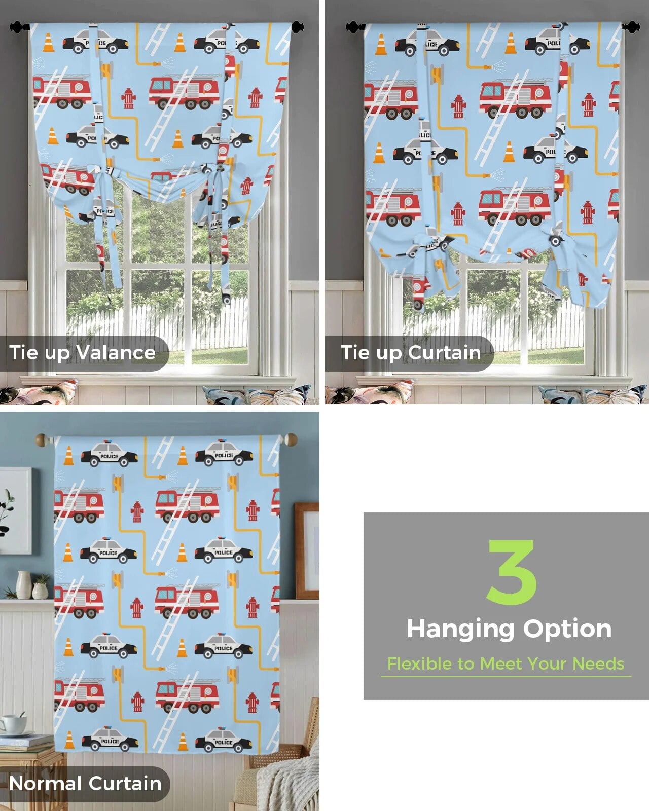 Cartoon Fire Truck Window Curtain for Living Room Adjustable Curtains ...