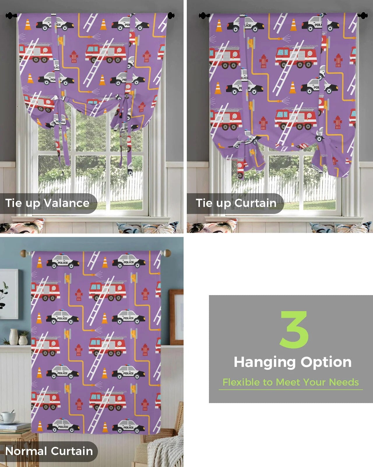Cartoon Fire Truck Window Curtain for Living Room Adjustable Curtains for Kitchen Cafe Tie Up ...