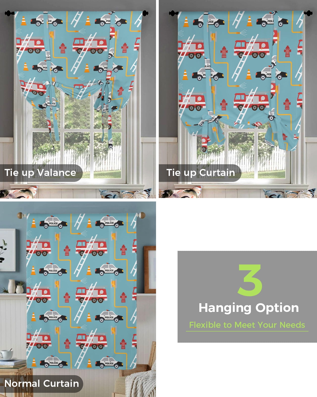 Cartoon Fire Truck Window Curtain for Living Room Adjustable Curtains ...