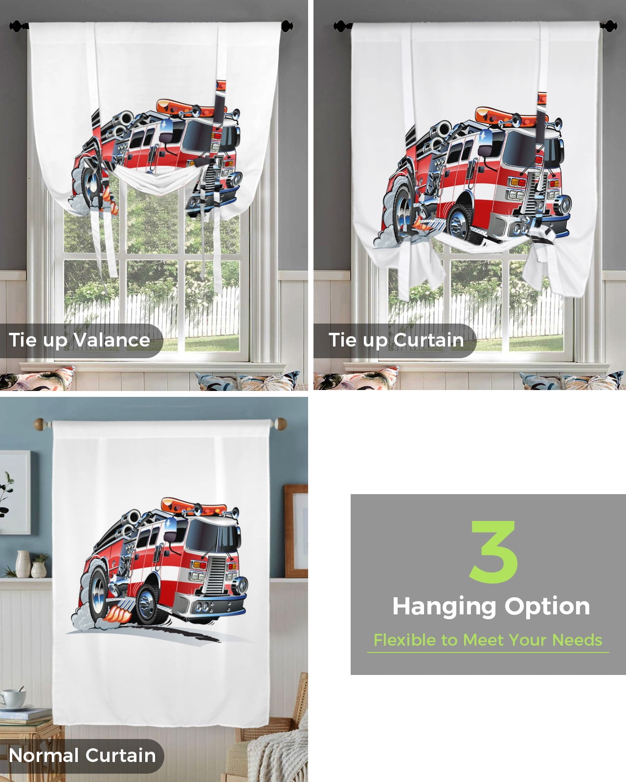 Cartoon Fire Truck Window Curtain for Living Room Adjustable Curtains ...