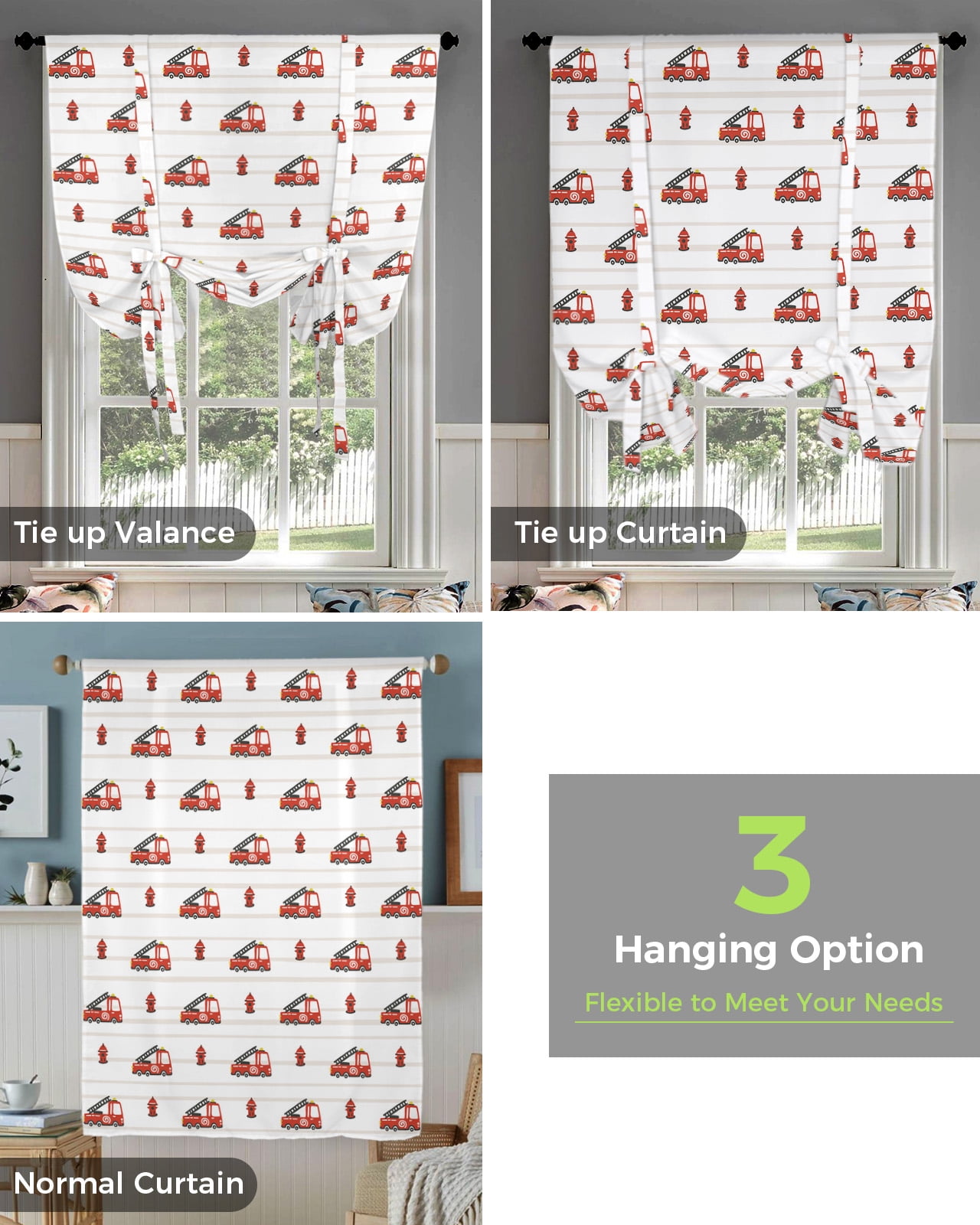 Cartoon Fire Truck Window Curtain for Living Room Adjustable Curtains for Kitchen Cafe Tie Up ...