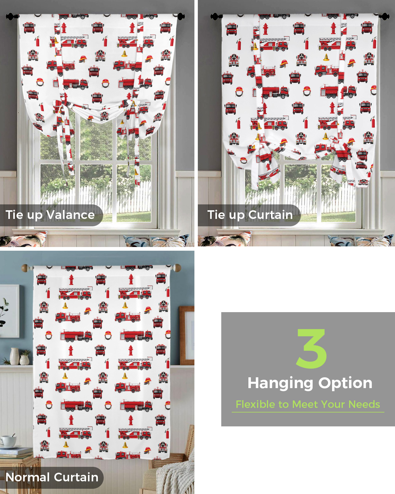 Cartoon Fire Truck Window Curtain for Living Room Adjustable Curtains ...