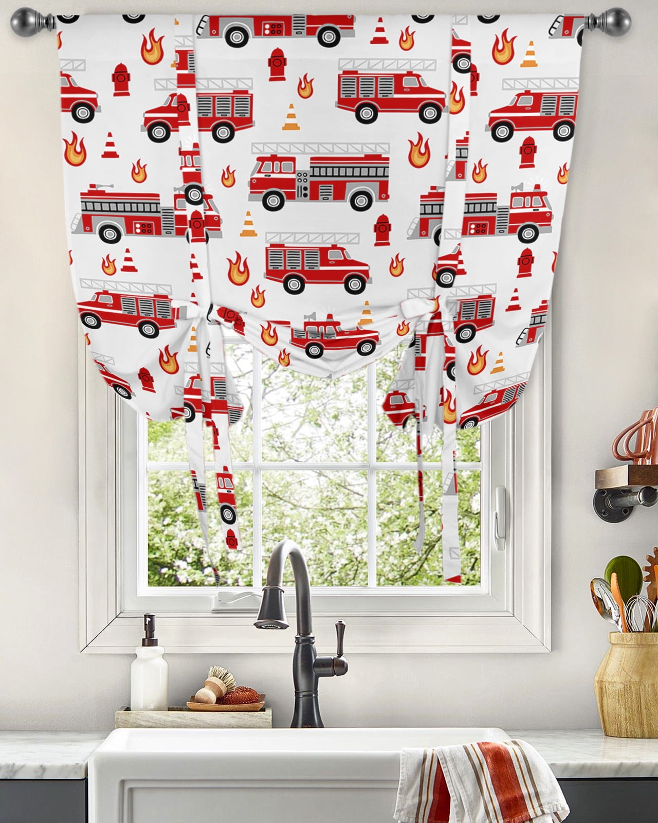 Cartoon Fire Truck Window Curtain for Living Room Adjustable Curtains ...