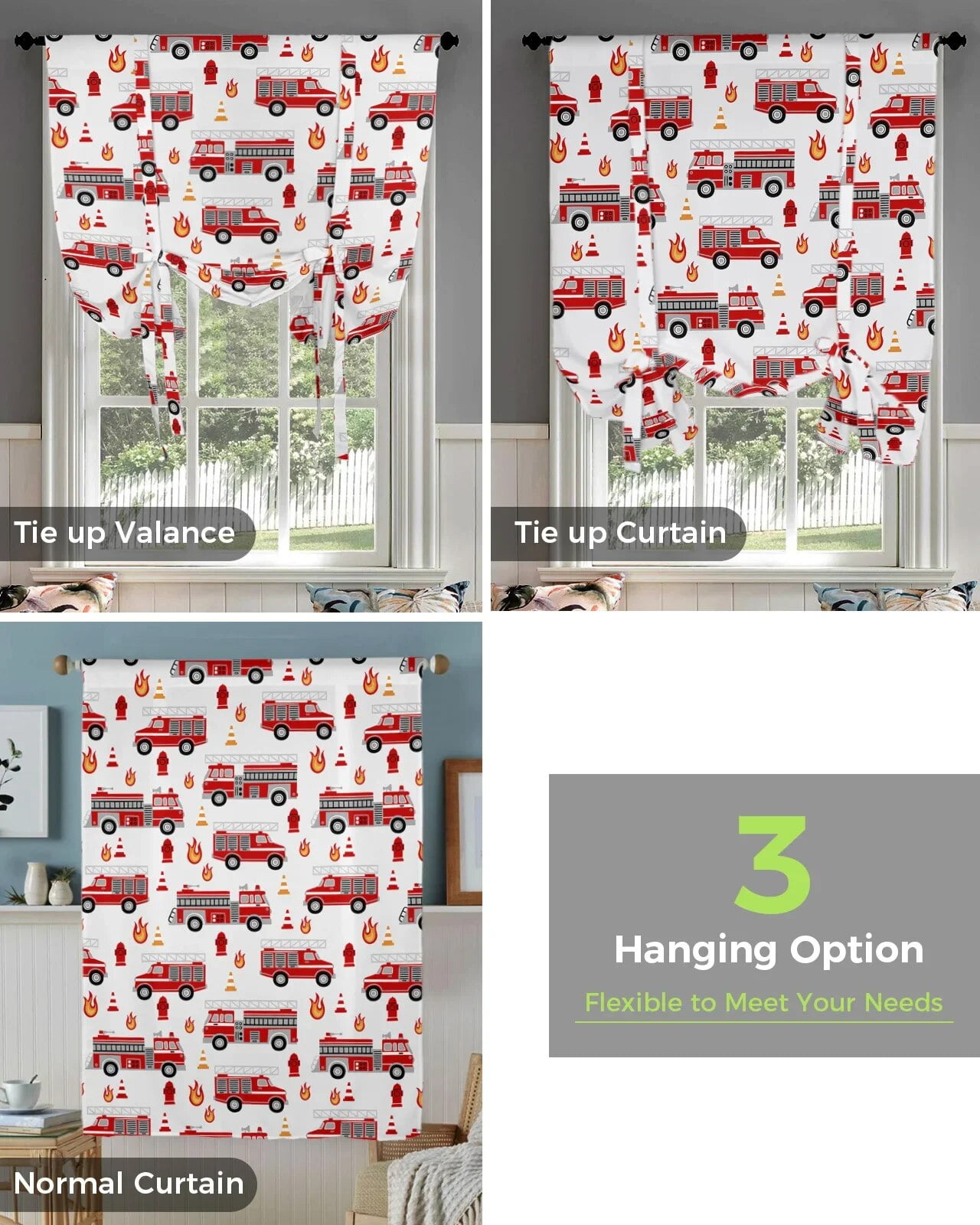 Cartoon Fire Truck Window Curtain for Living Room Adjustable Curtains for Kitchen Cafe Tie Up ...
