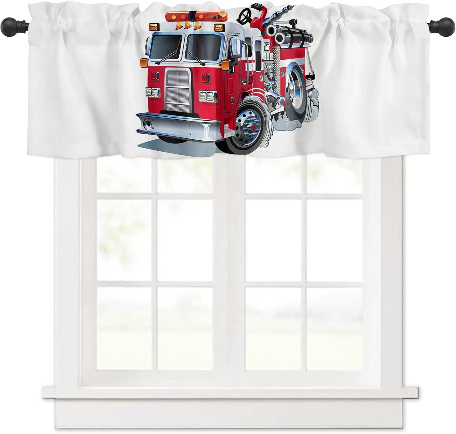 Cartoon Fire Truck Window Valance Curtain Red Truck Fire Engine Rescue ...