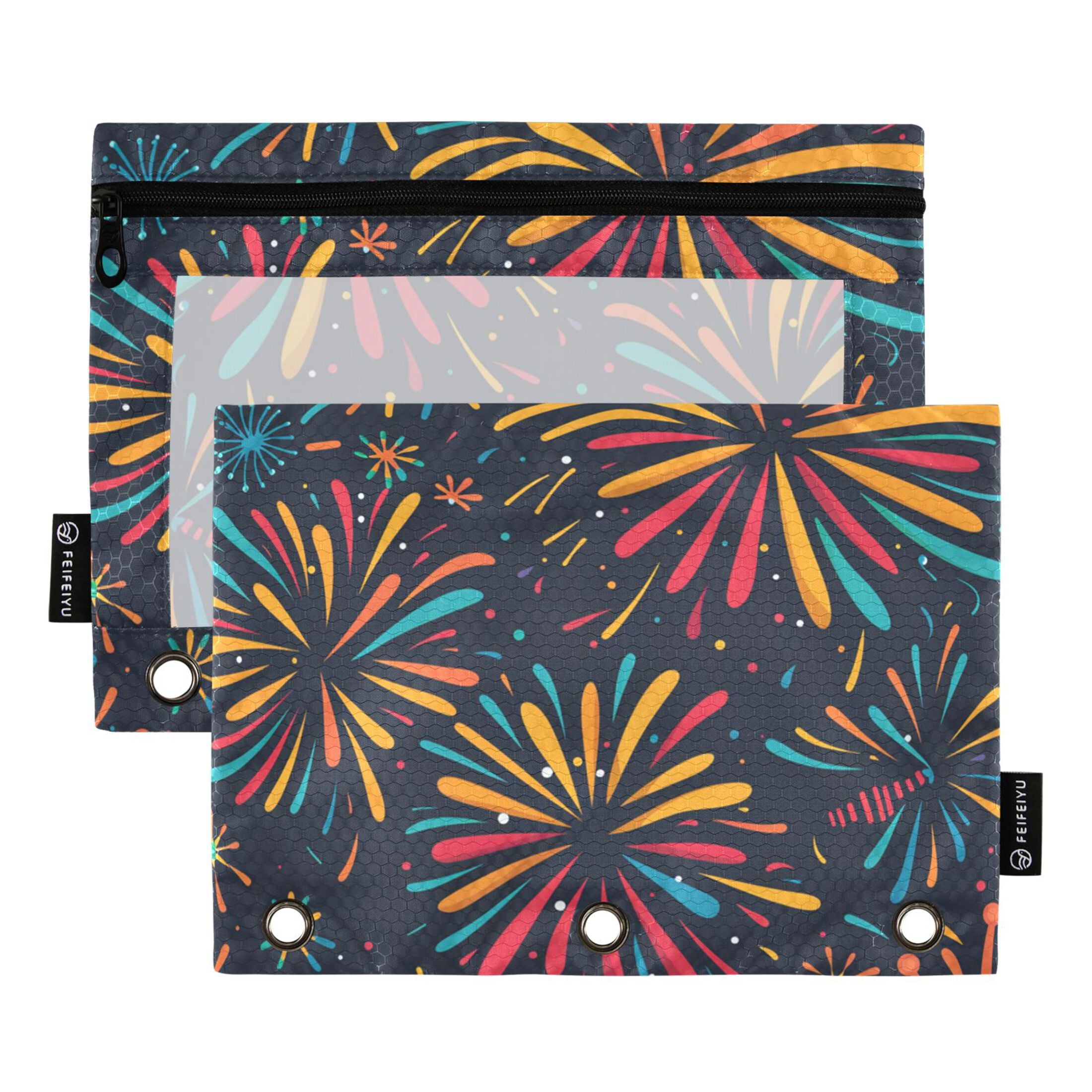 Cartoon Fireworks in Night Binder Pouches Zipper Pocket Document ...