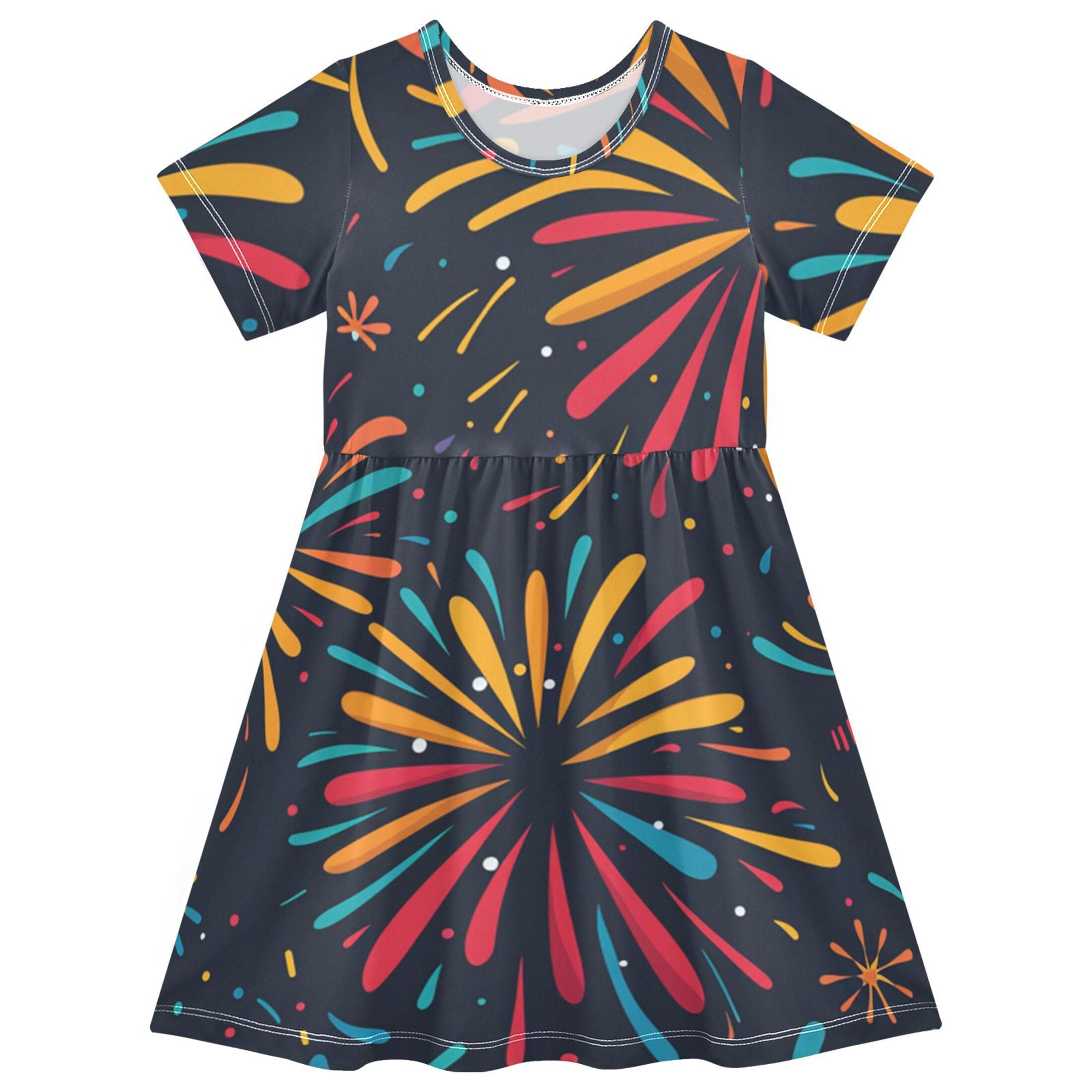 Cartoon Fireworks in Night Girls' Short Sleeve Dress A-Line One-Piece ...