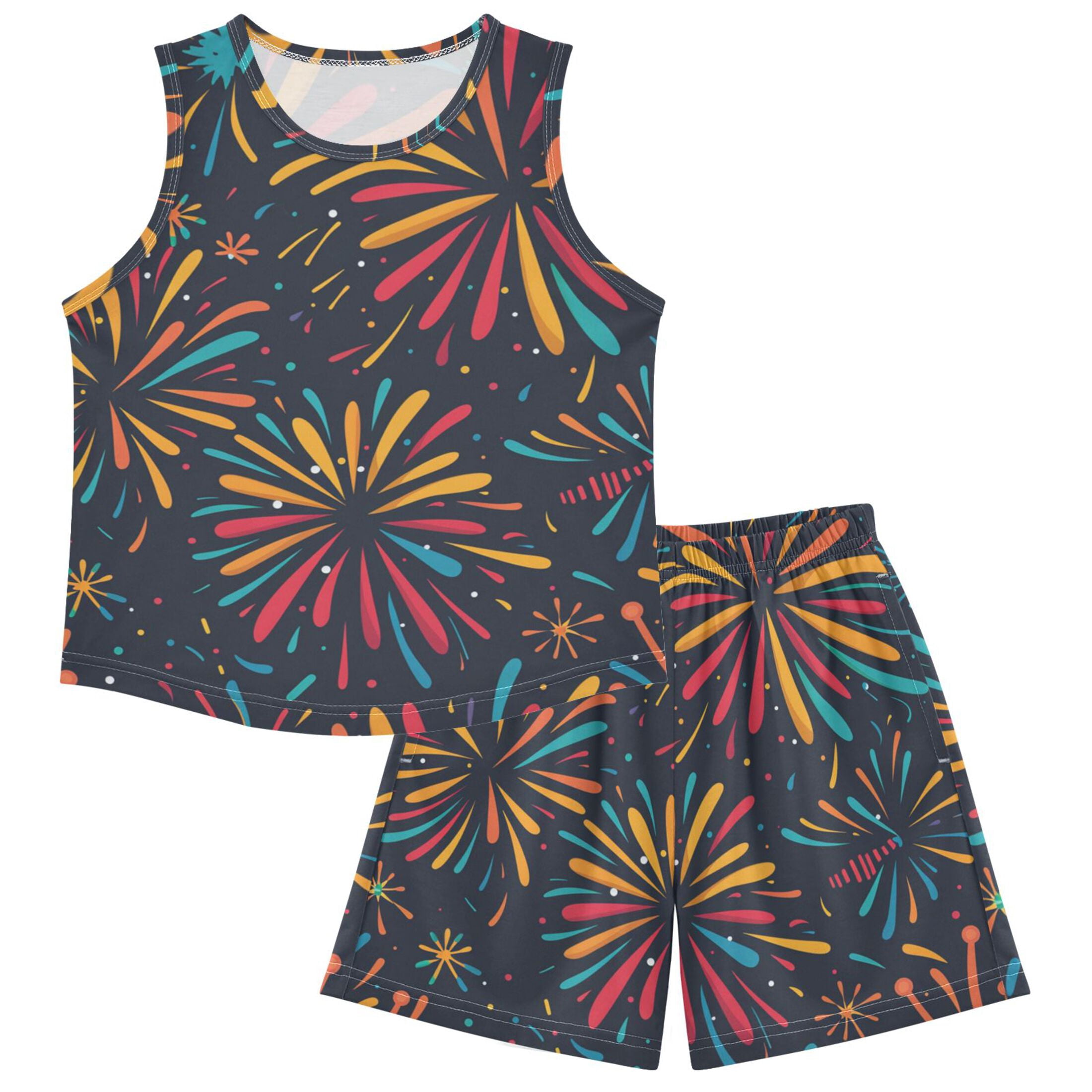 Cartoon Fireworks in Night Pajamas Set Sleeveless Sleepwear Tank Tops ...