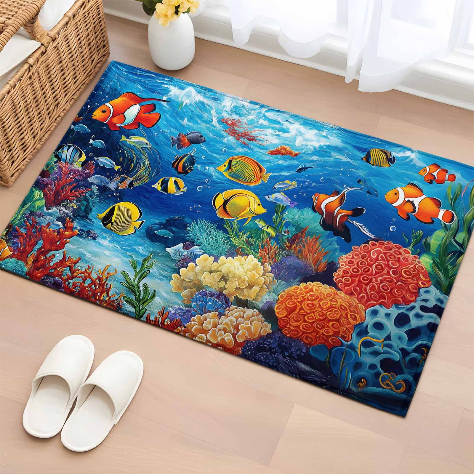 Cartoon Fish Bathroom Mats 2x3 FT, Non Slip Small Kitchen Mat, Blue ...