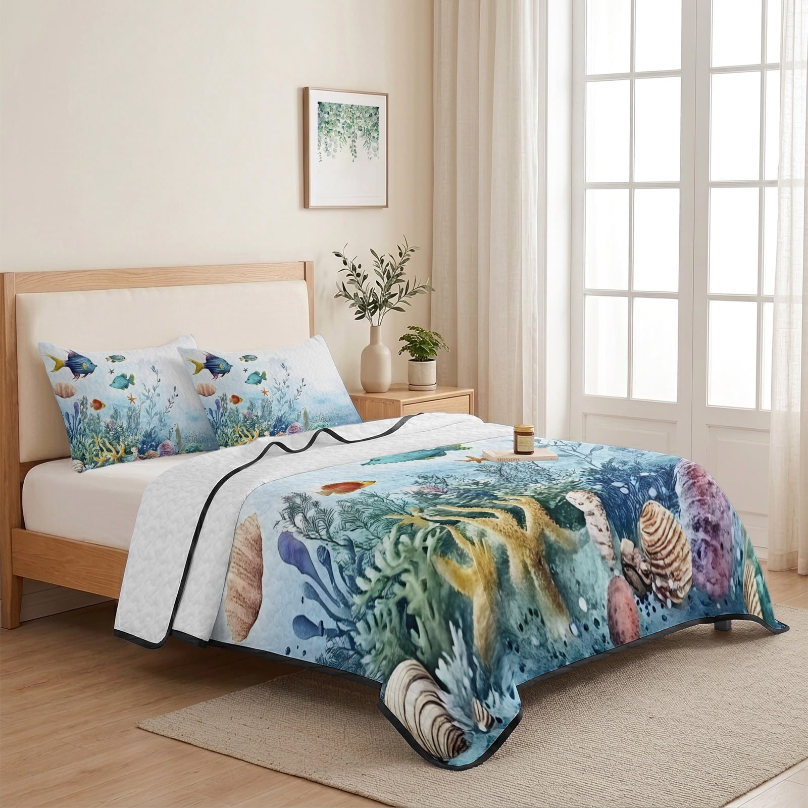 Cartoon Fish Coral Summer Ocean 3 Pieces Quilt Set,1 Quilt with 2 Shams ...