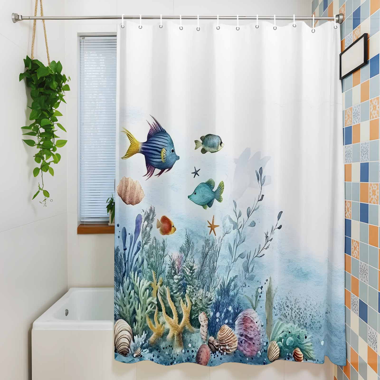 Cartoon Fish Coral Summer Ocean Shower Curtain for Bathroom, Nautical ...