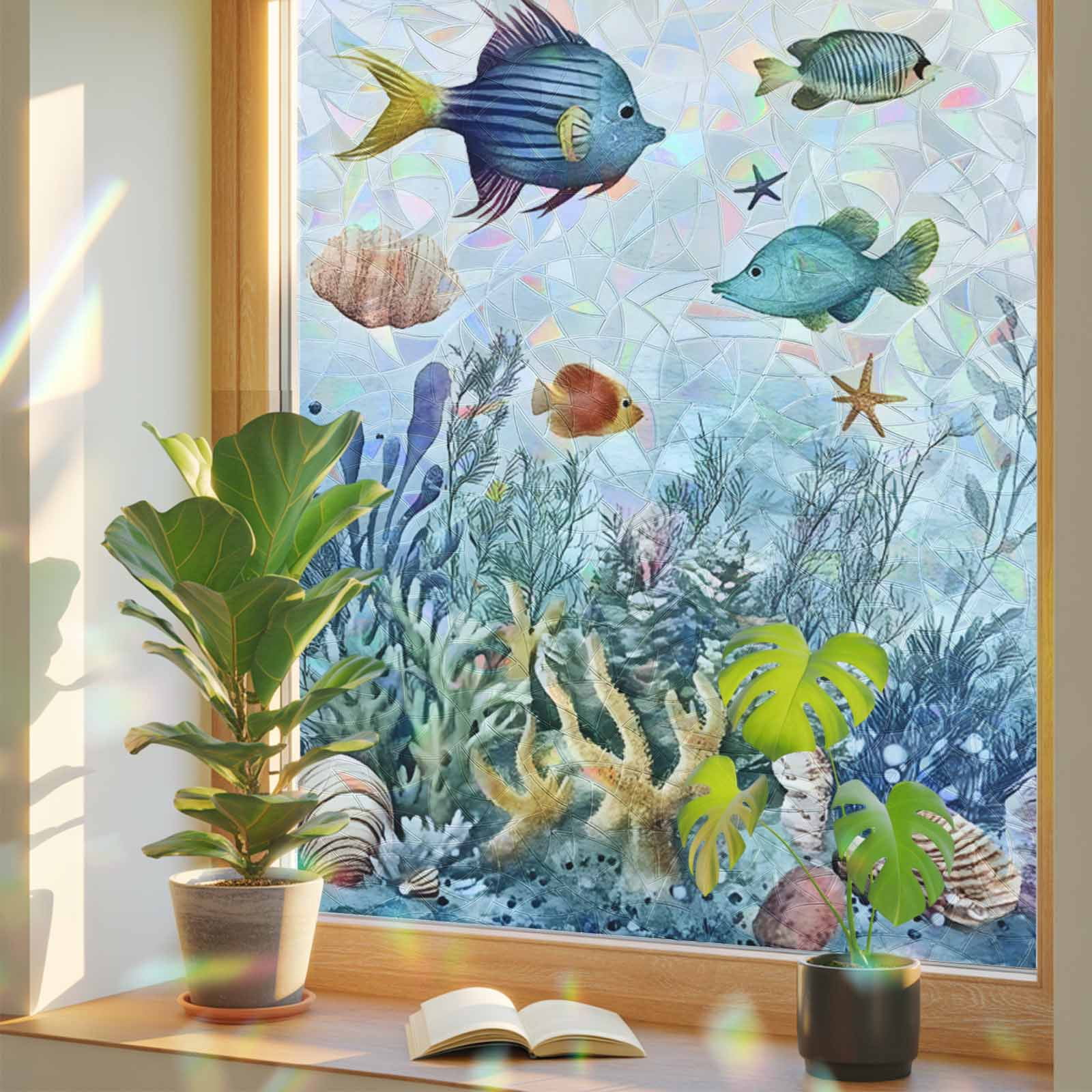 Cartoon Fish Coral Summer Ocean Window Privacy Film, Rainbow Film ...