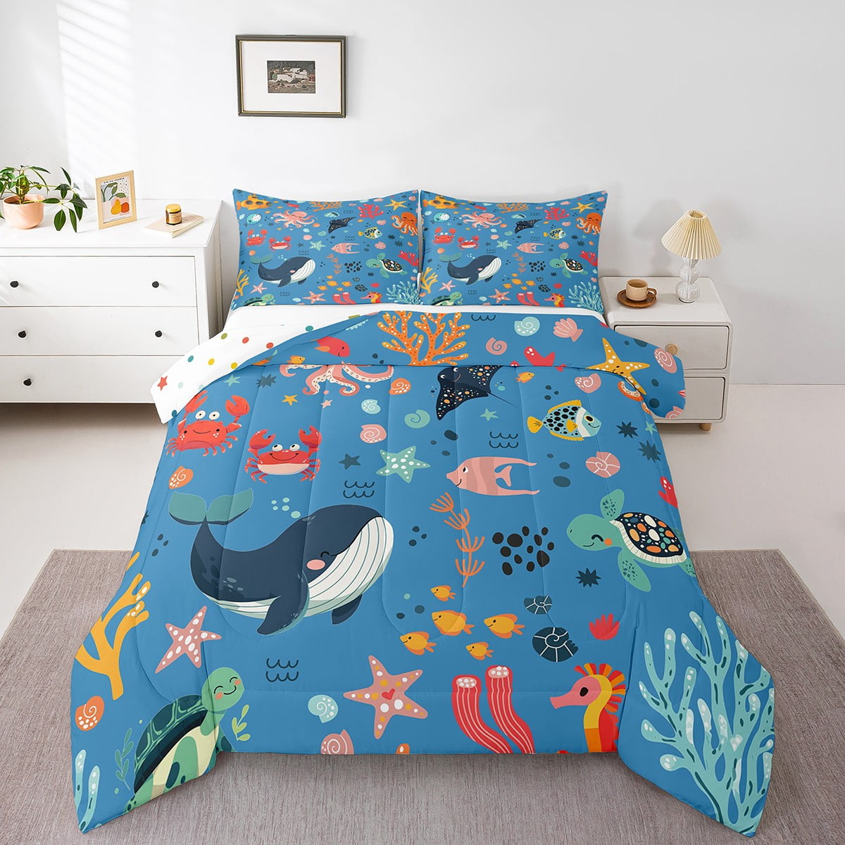 Cartoon Fish Full Size Comforter Set, Cute Seahorse Turtle Bed Set For ...