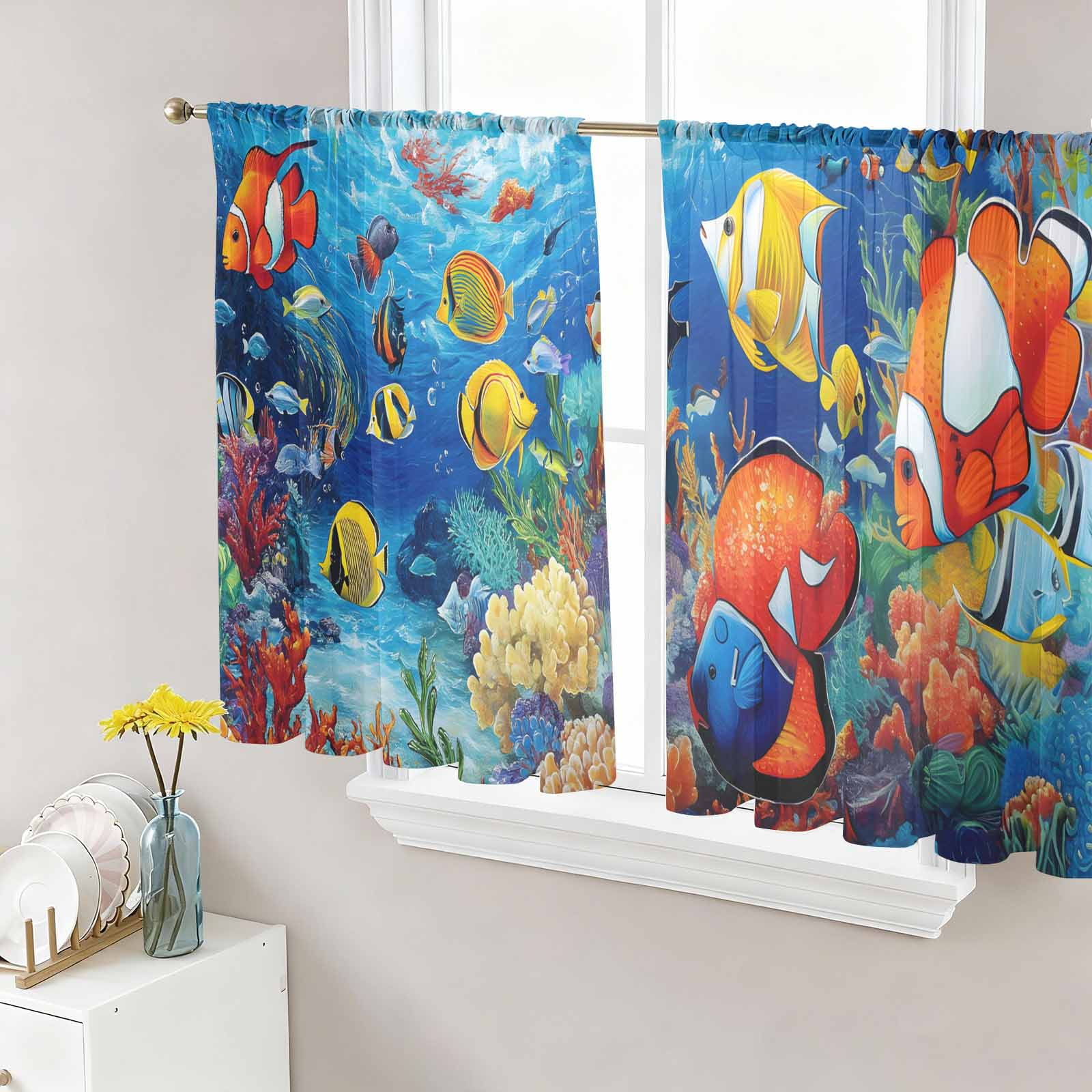 Cartoon Fish Semi Sheer Curtains 54 Inch Length 2 Panels Set, Blue ...