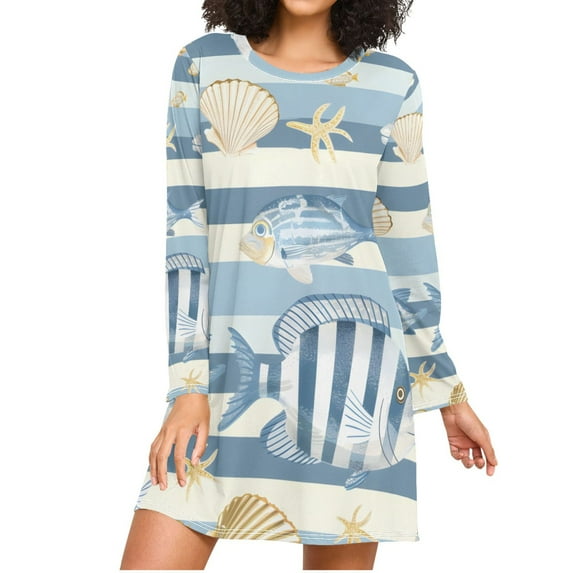 Cartoon Fish Shells Starfish Women's Long Sleeves Nightgowns Sleepwear ...