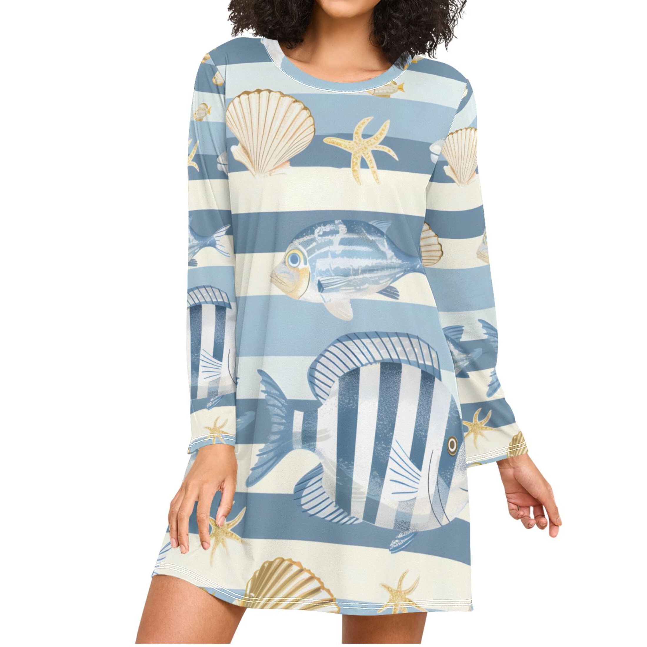 Cartoon Fish Shells Starfish Women's Long Sleeves Nightgowns Sleepwear ...