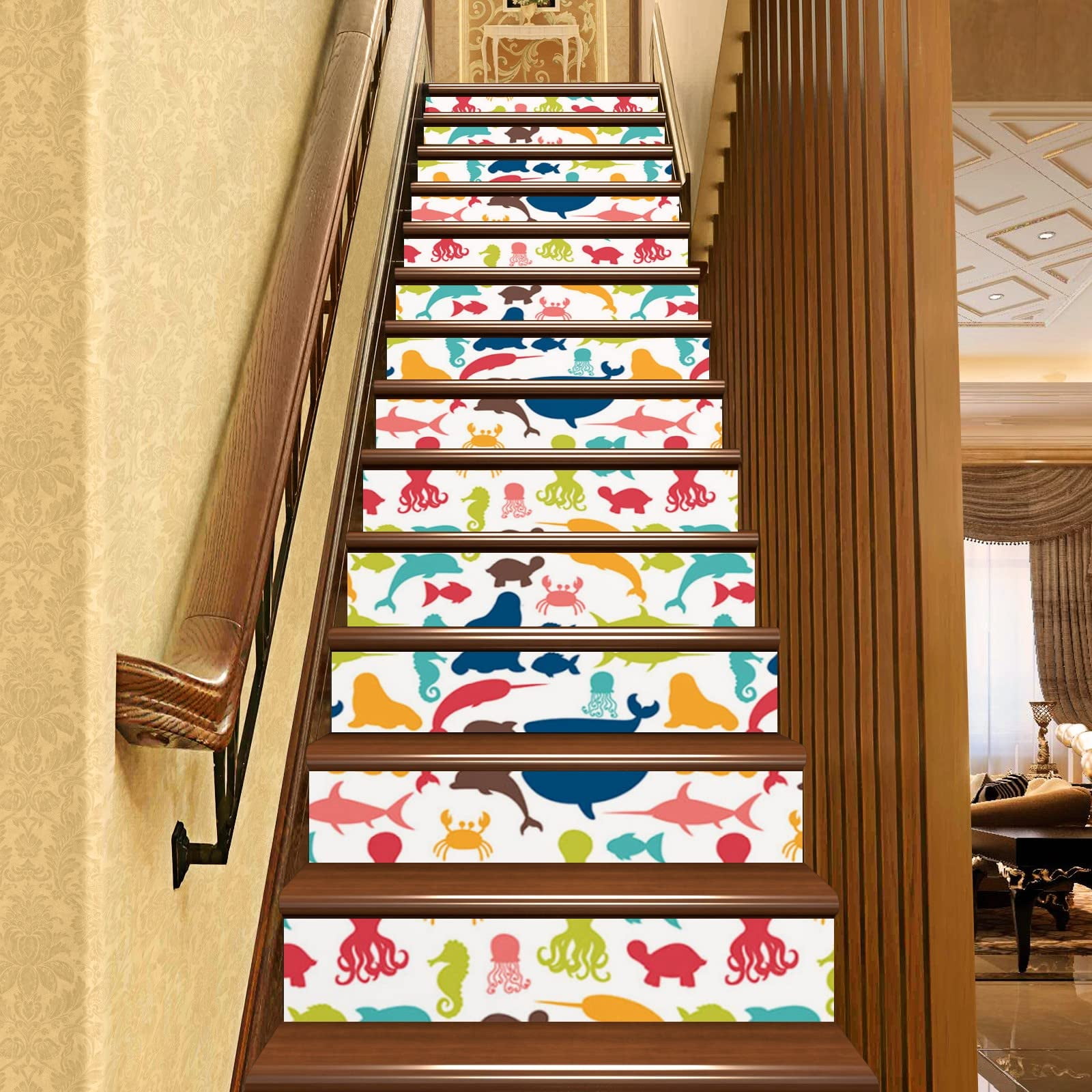 Cartoon Fish Stair Stickers Cute Ocean ClownStaircase Decals Color ...
