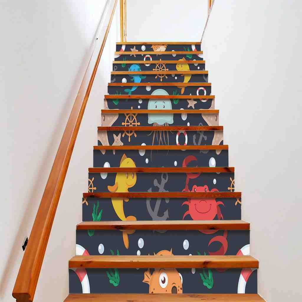 Cartoon Fish Stair Stickers Cute Ocean ClownStaircase Decals Color ...
