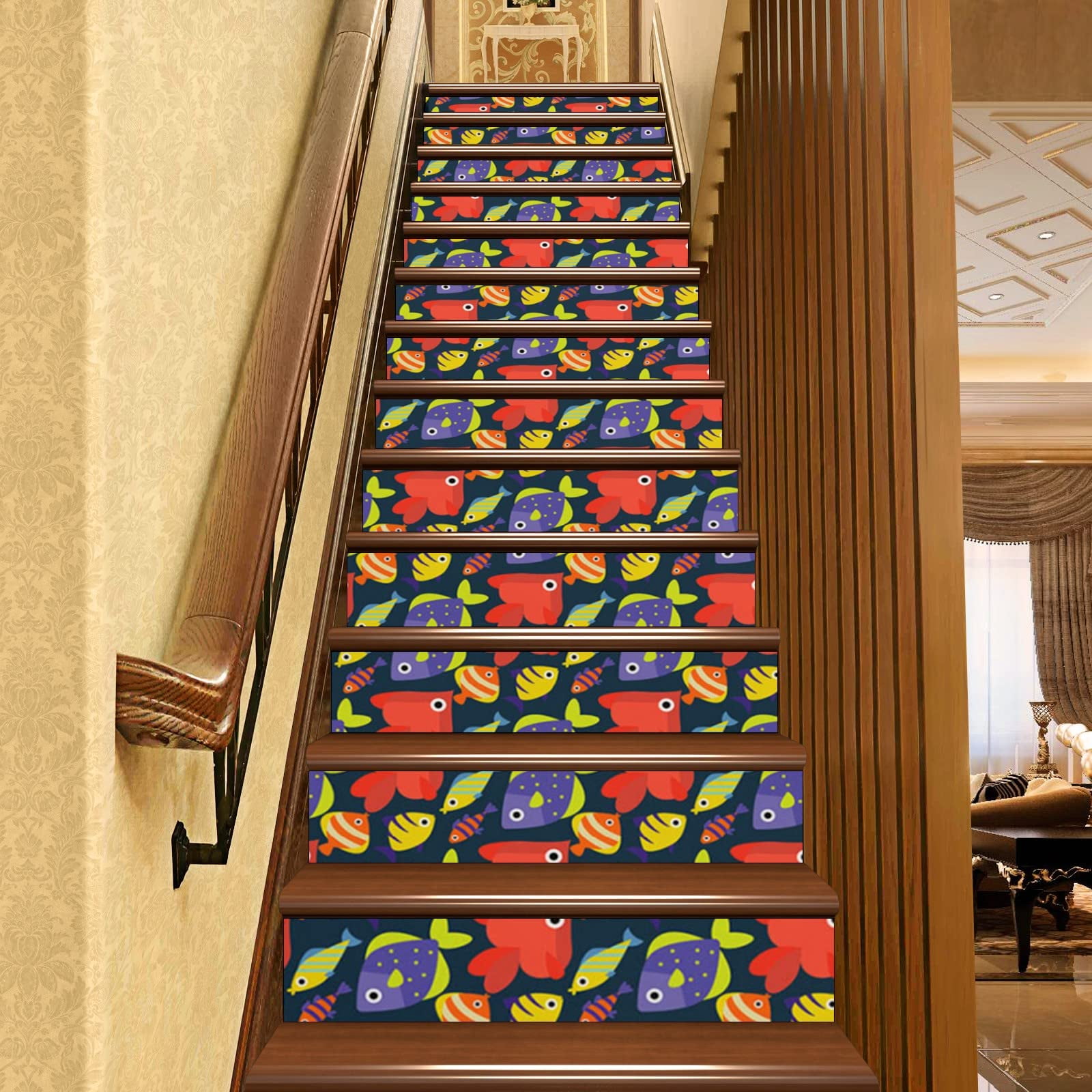 Cartoon Fish Stair Stickers Cute Ocean ClownStaircase Decals Color ...