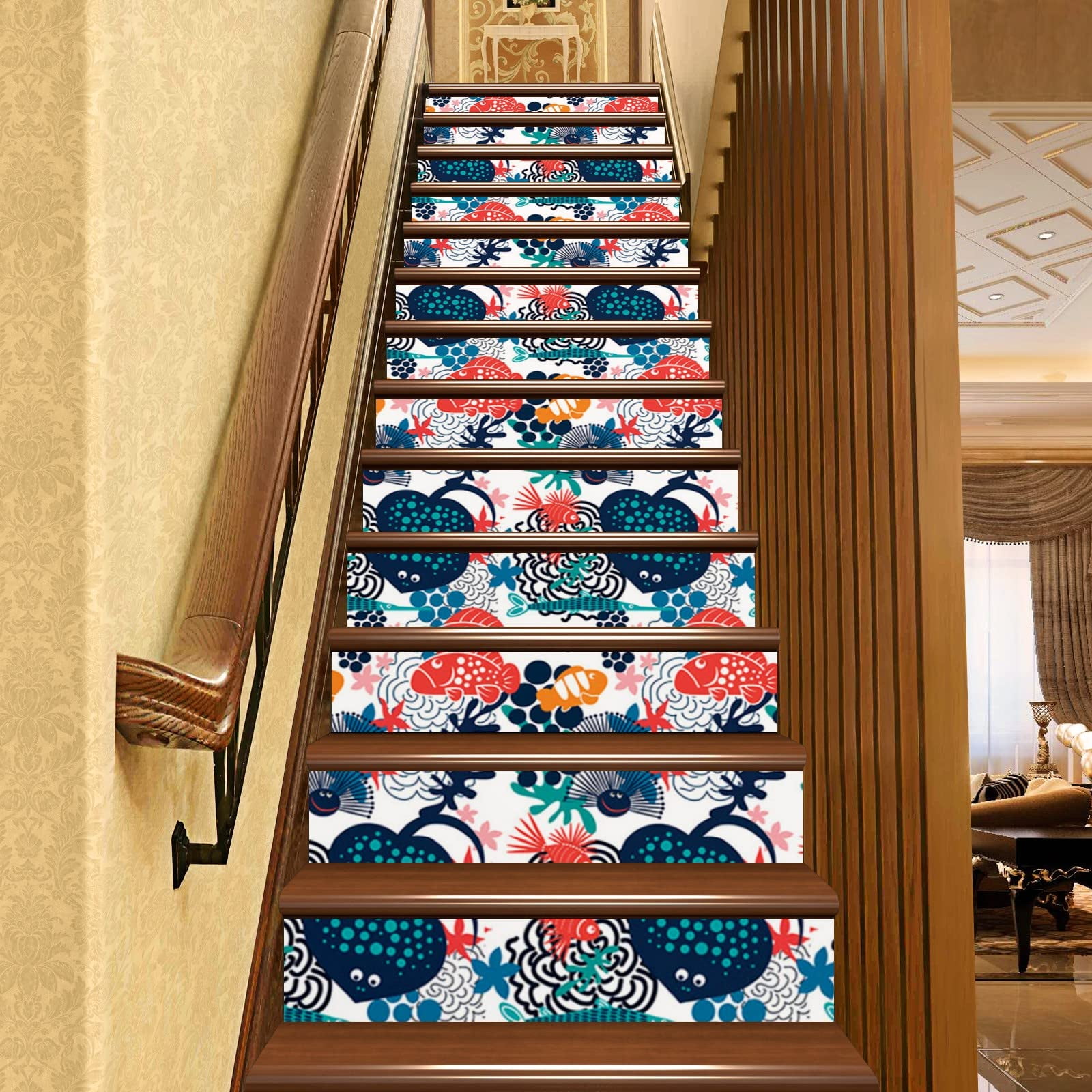 Cartoon Fish Stair Stickers Cute Ocean ClownStaircase Decals Color ...