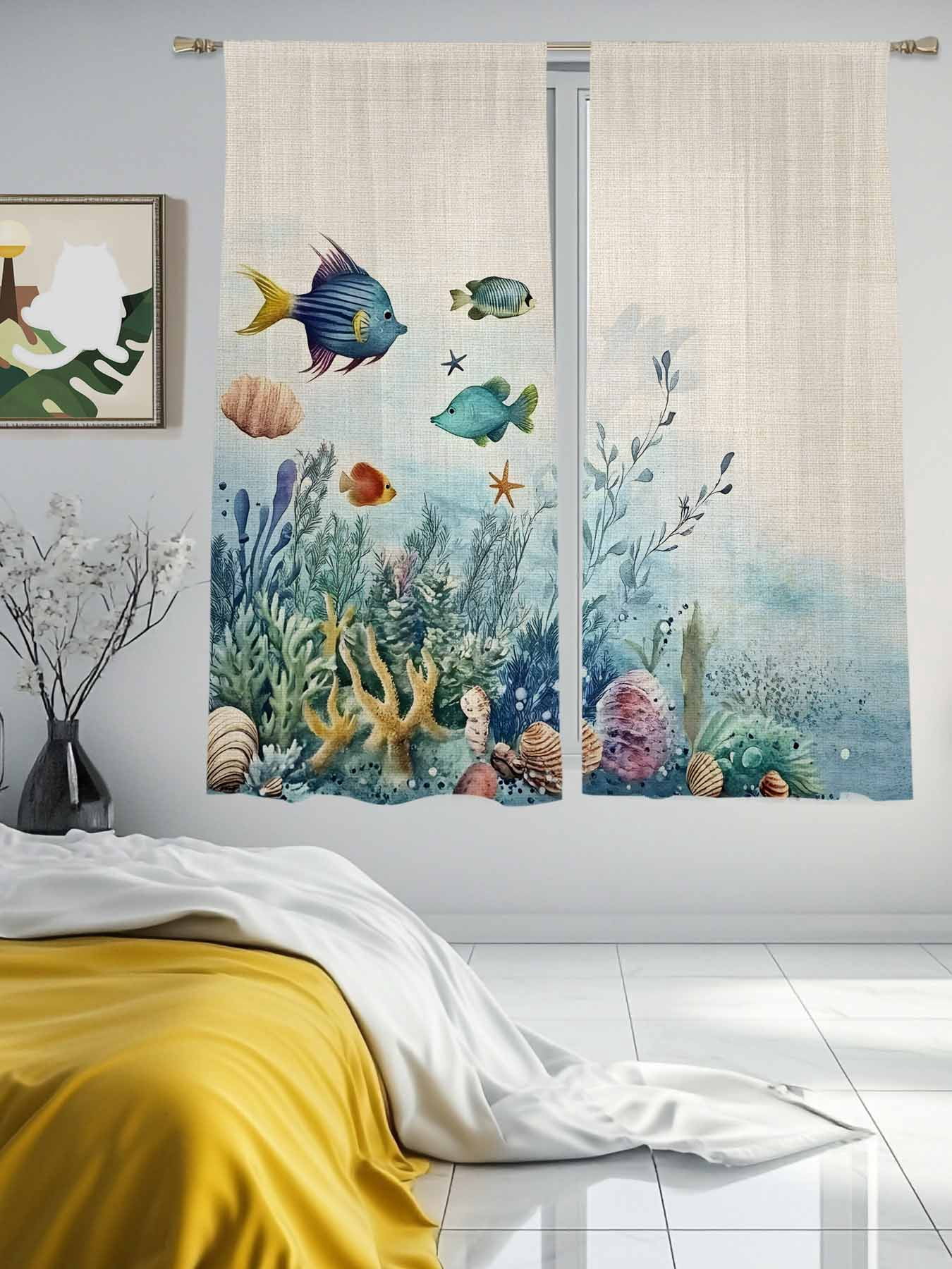 Cartoon Fish Summer Ocean Coral Chiffon Sheer Curtains 63 Inches Long ...