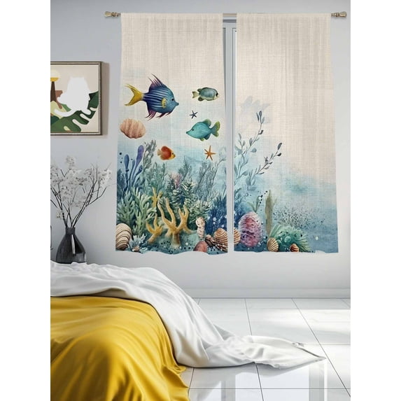 Cartoon Fish Summer Ocean Coral Chiffon Sheer Curtains 63 Inches Long ...