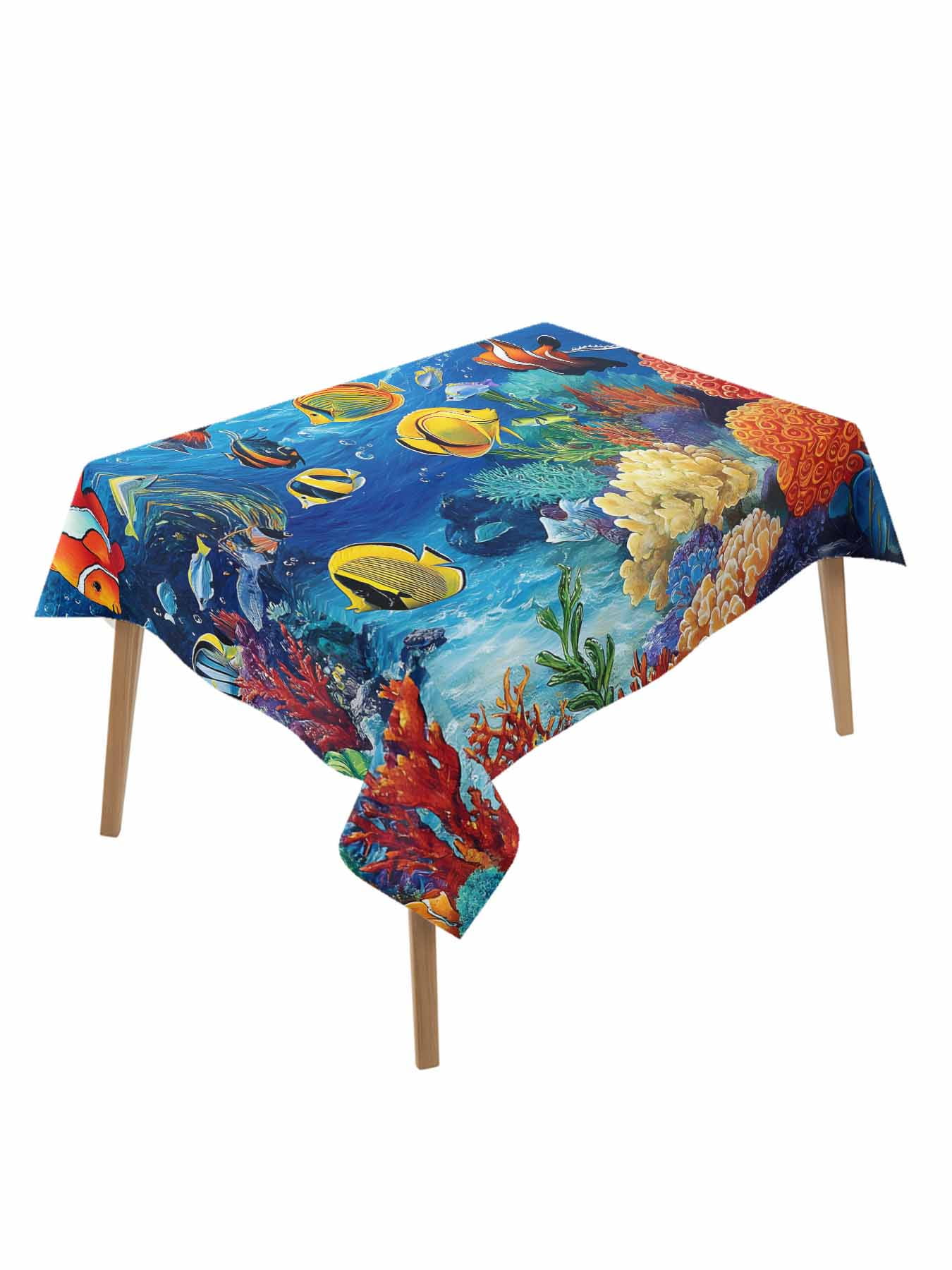 Cartoon Fish Table Cloth, Blue Colorful Sea Ocean Seagrass Coral ...