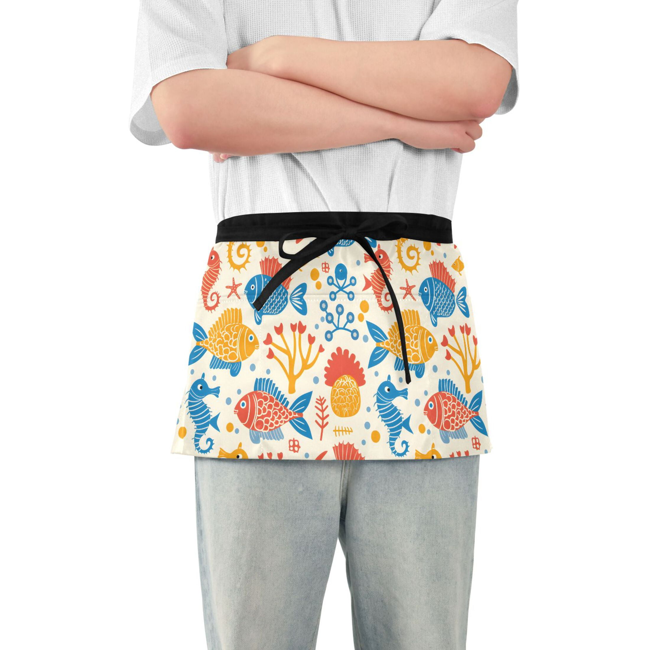 Cartoon Fish and Seahorse Server Apron with 3 Pockets Waterproof ...