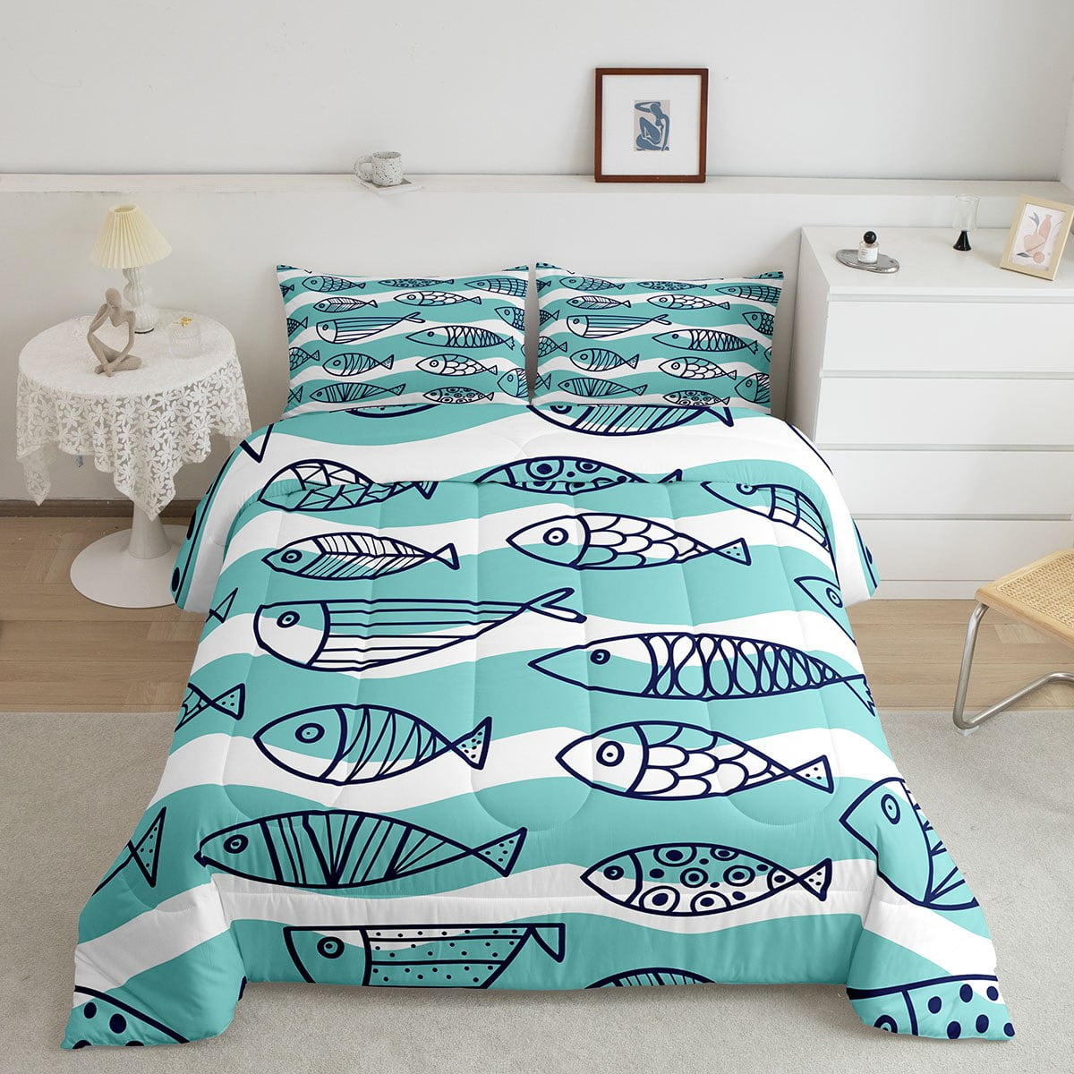 Cartoon Fishes Bedding Set Full, Geometric Fish Comforter Set, Mint ...