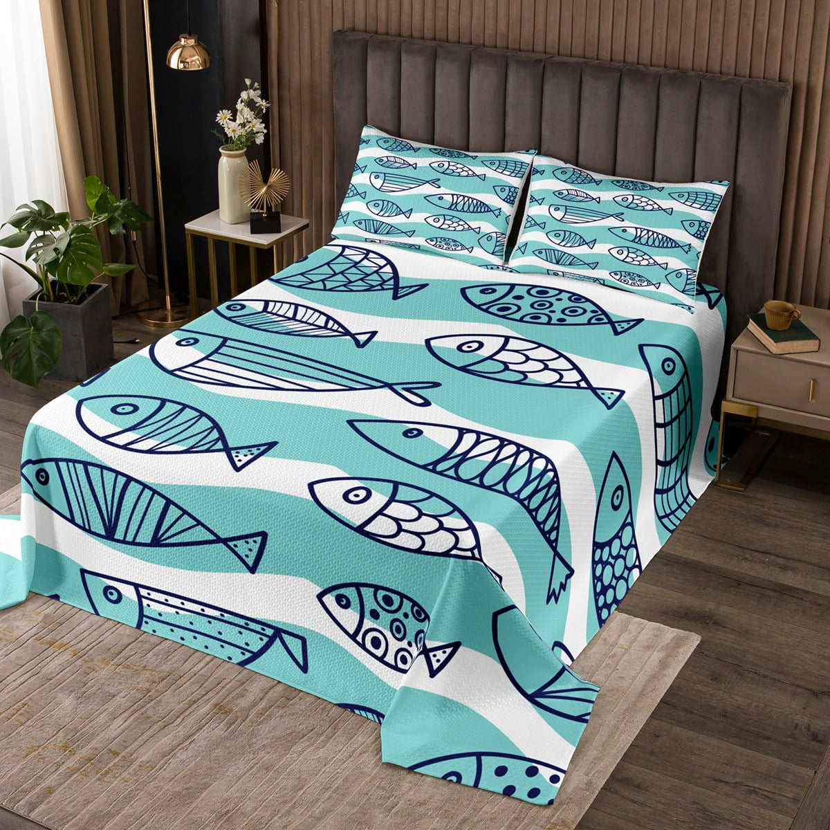 Cartoon Fishes Bedspread Set Queen, Geometric Fish Quilt Set, Mint ...