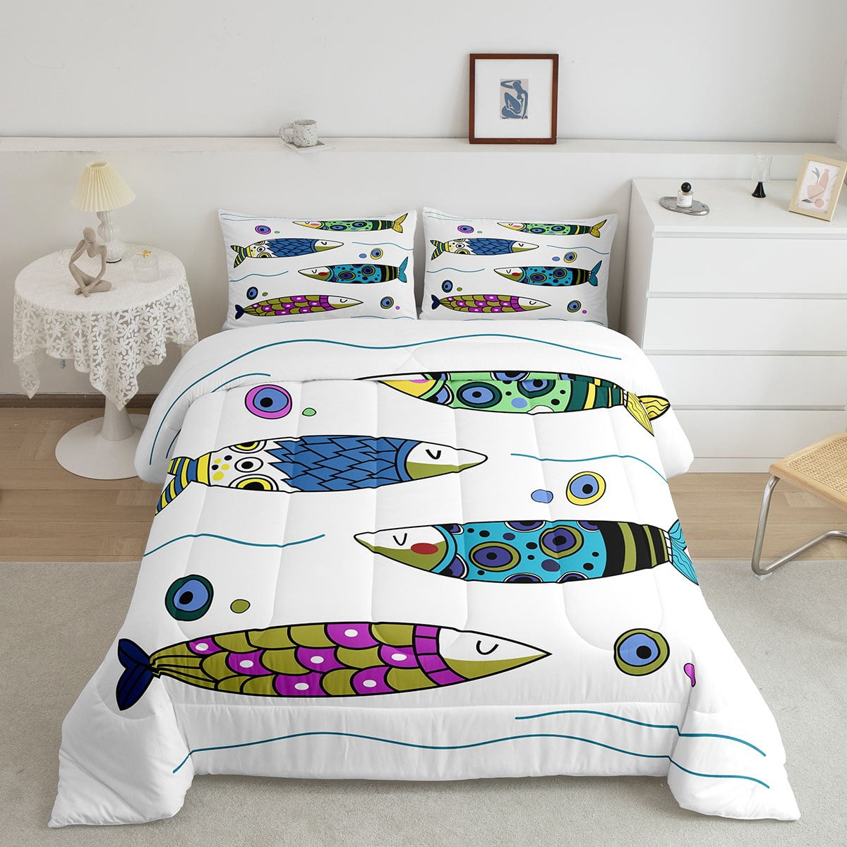 Cartoon Fishes Comforter Set Queen Size, Colorful Fish Bedding Set for ...