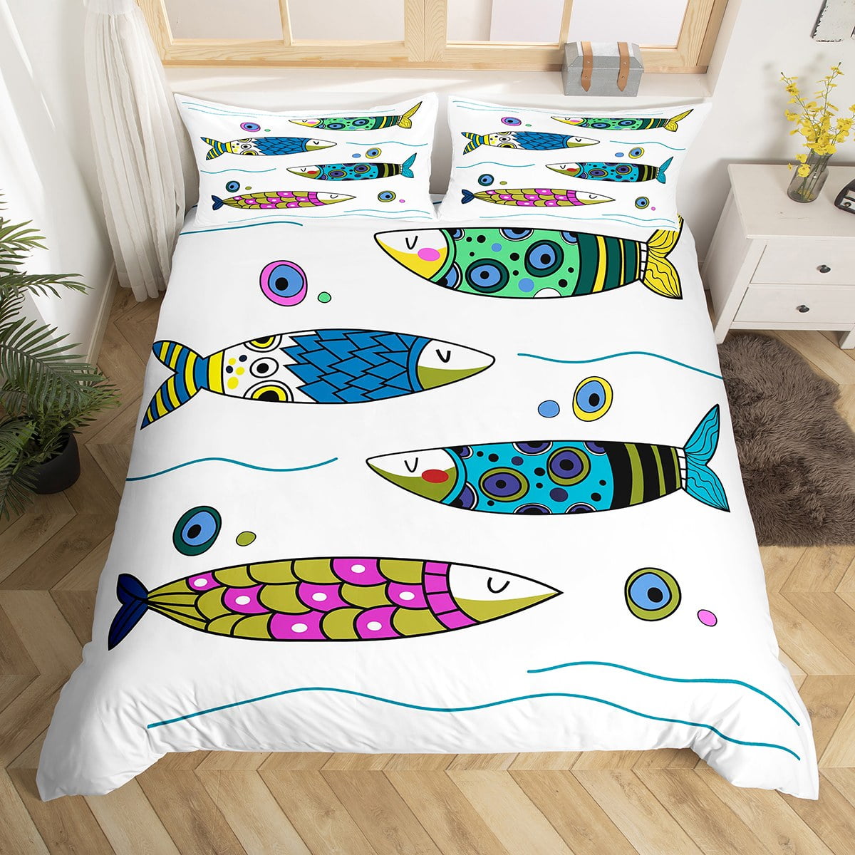 Cartoon Fishes Duvet Cover Full, Colorful Fish Comforter Cover Teens ...