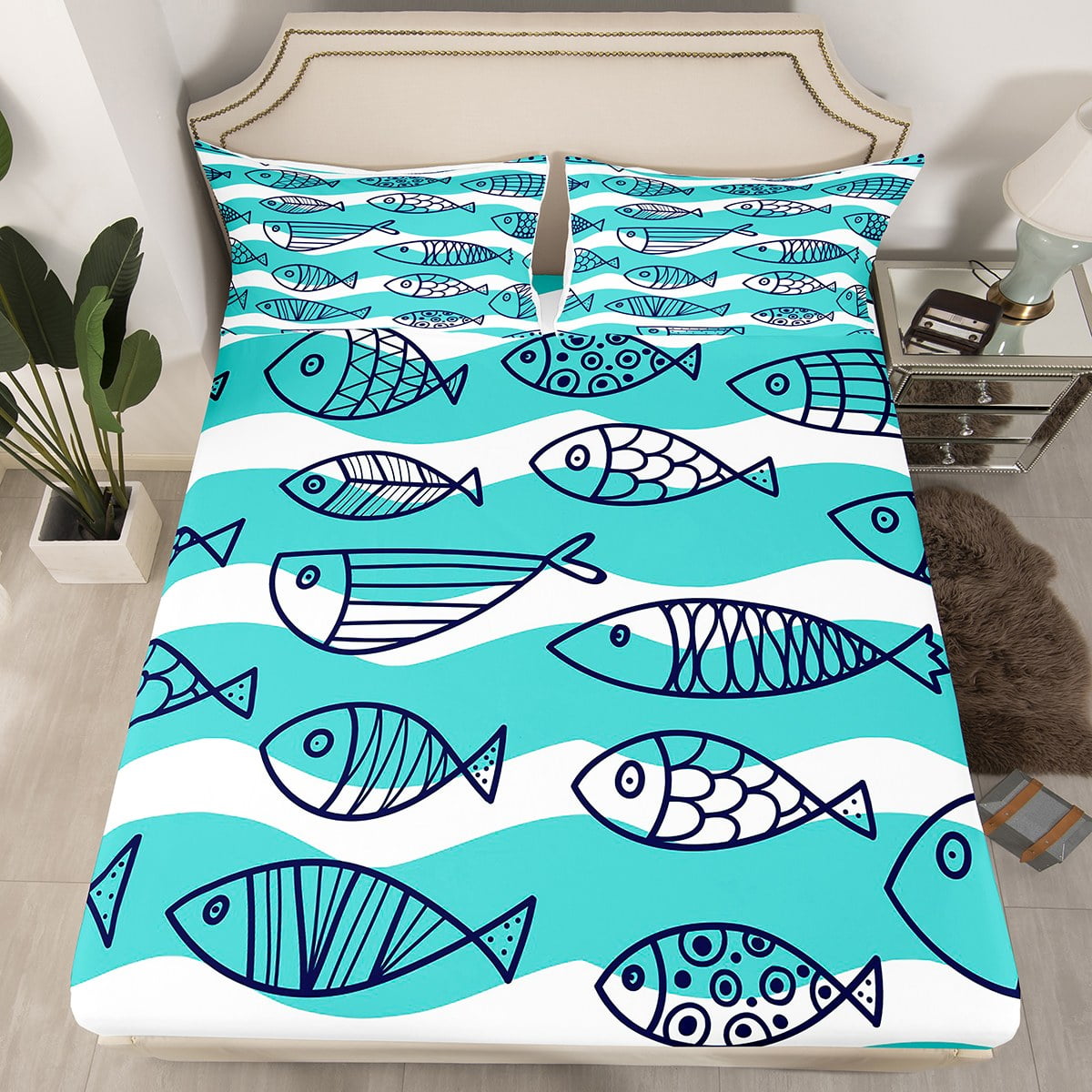 Cartoon Fishes Fitted Sheet Queen, Geometric Fish Bed Sheets Set, Mint ...