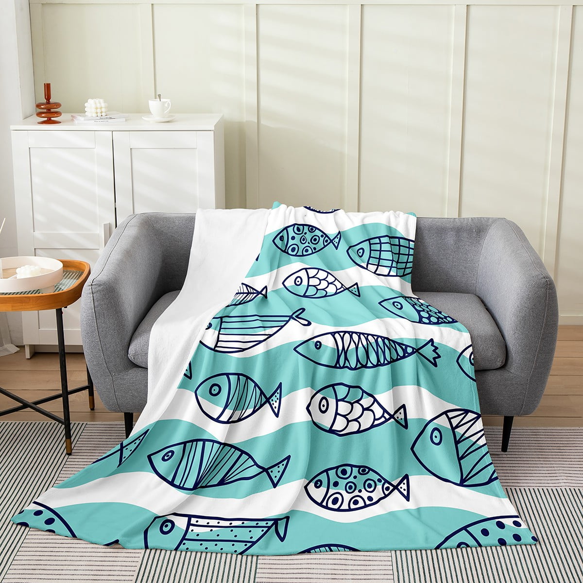 Cartoon Fishes Flannel Fleece Blanket Twin Size, Geometric Fish Throw ...