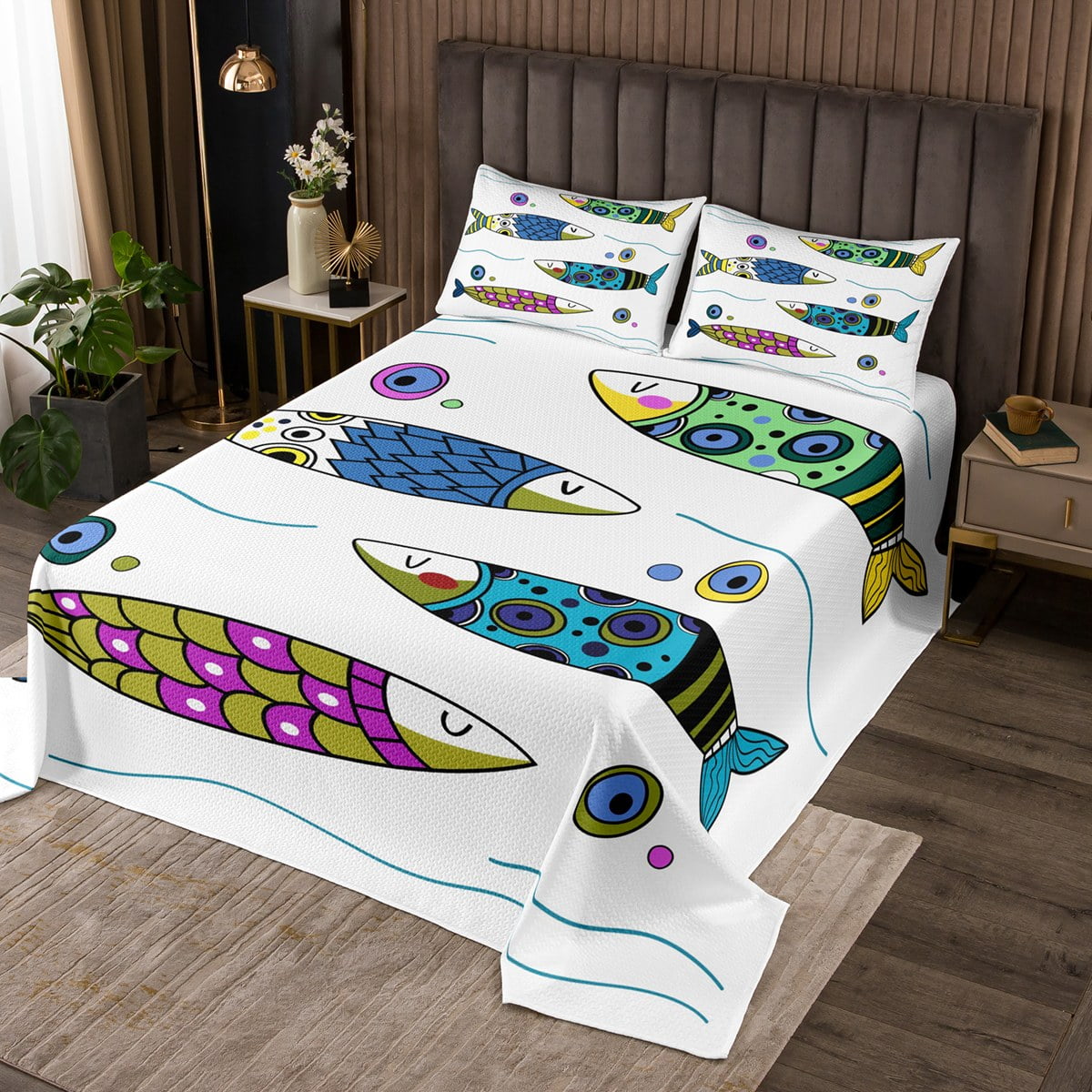 Cartoon Fishes Quilt Set Twin, Colorful Fish Bedspread Set for Kids ...