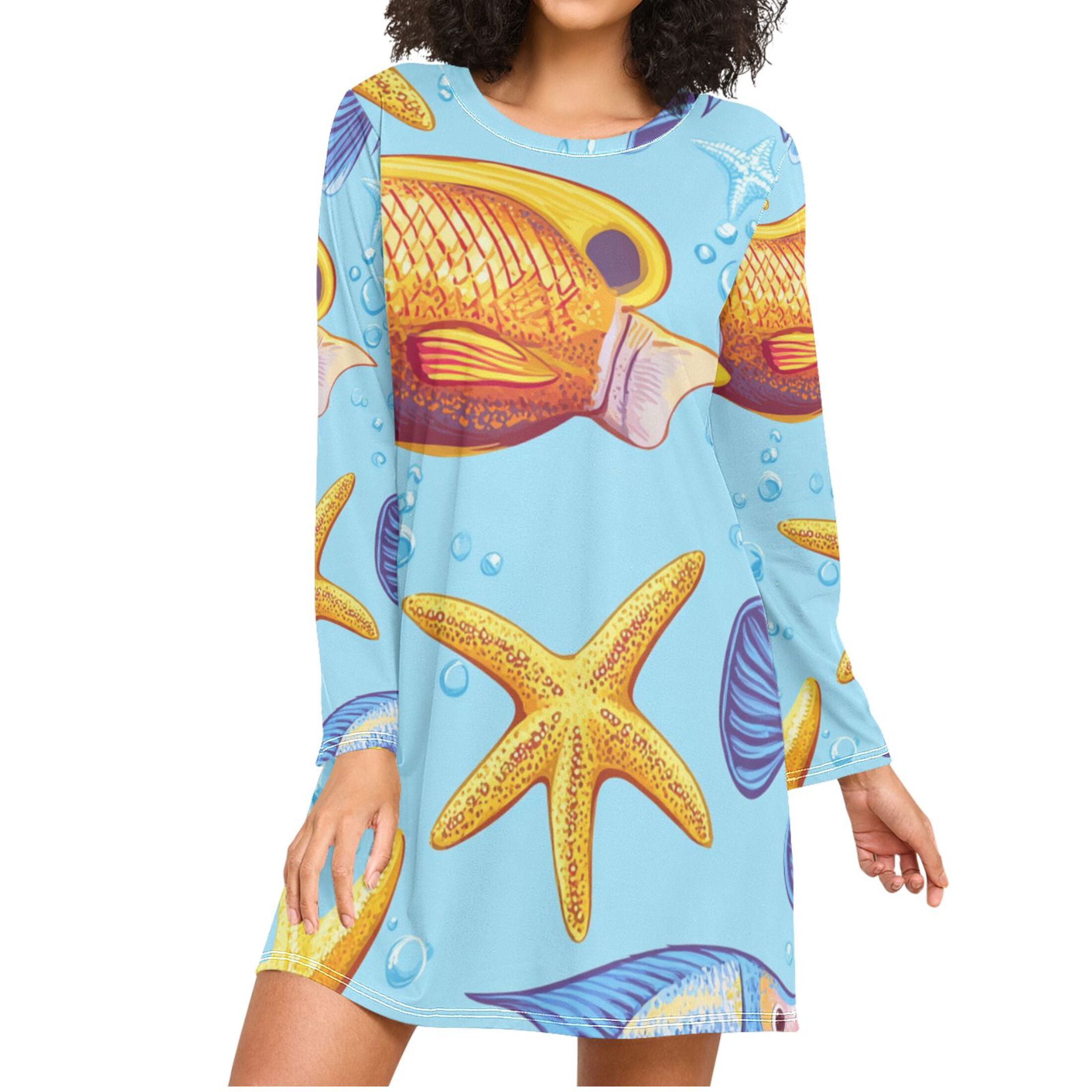 Cartoon Fishes Starfishes Bubbles Women's Long Sleeves Nightgowns ...
