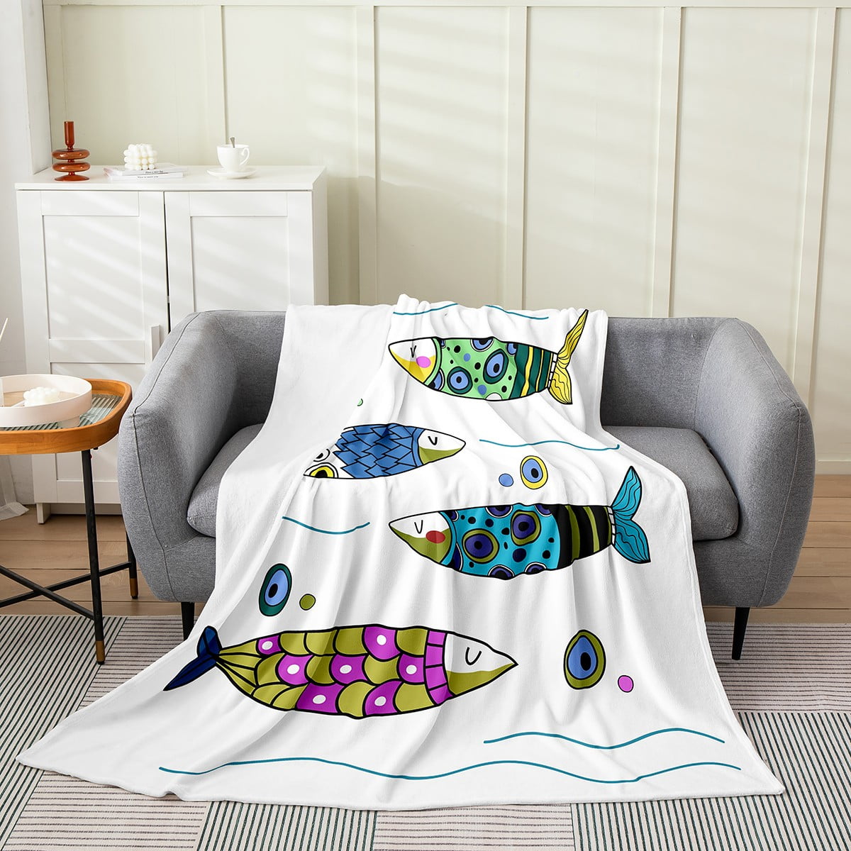 Cartoon Fishes Throw Blanket Queen Size, Colorful Fish Marine Life ...
