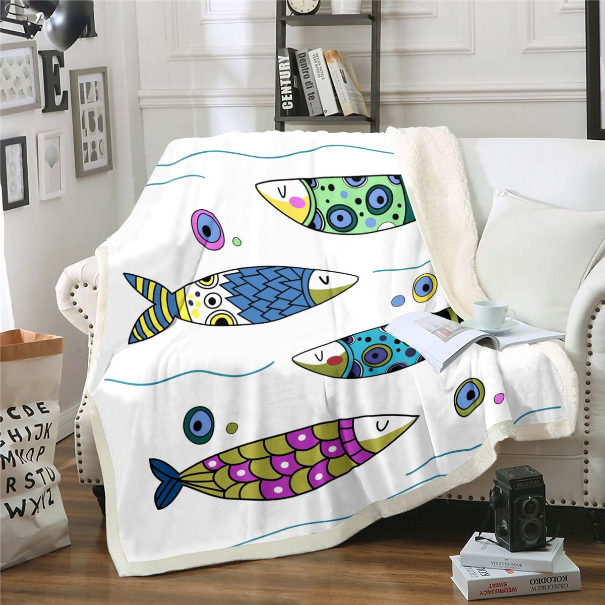 Cartoon Fishes Throw Blanket Twin Size, Colorful Fish Marine Life ...