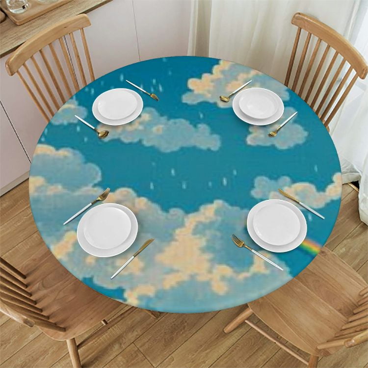 Cartoon Fitted Round Tablecloth, Raindrops Clouds with Sun Thunder ...