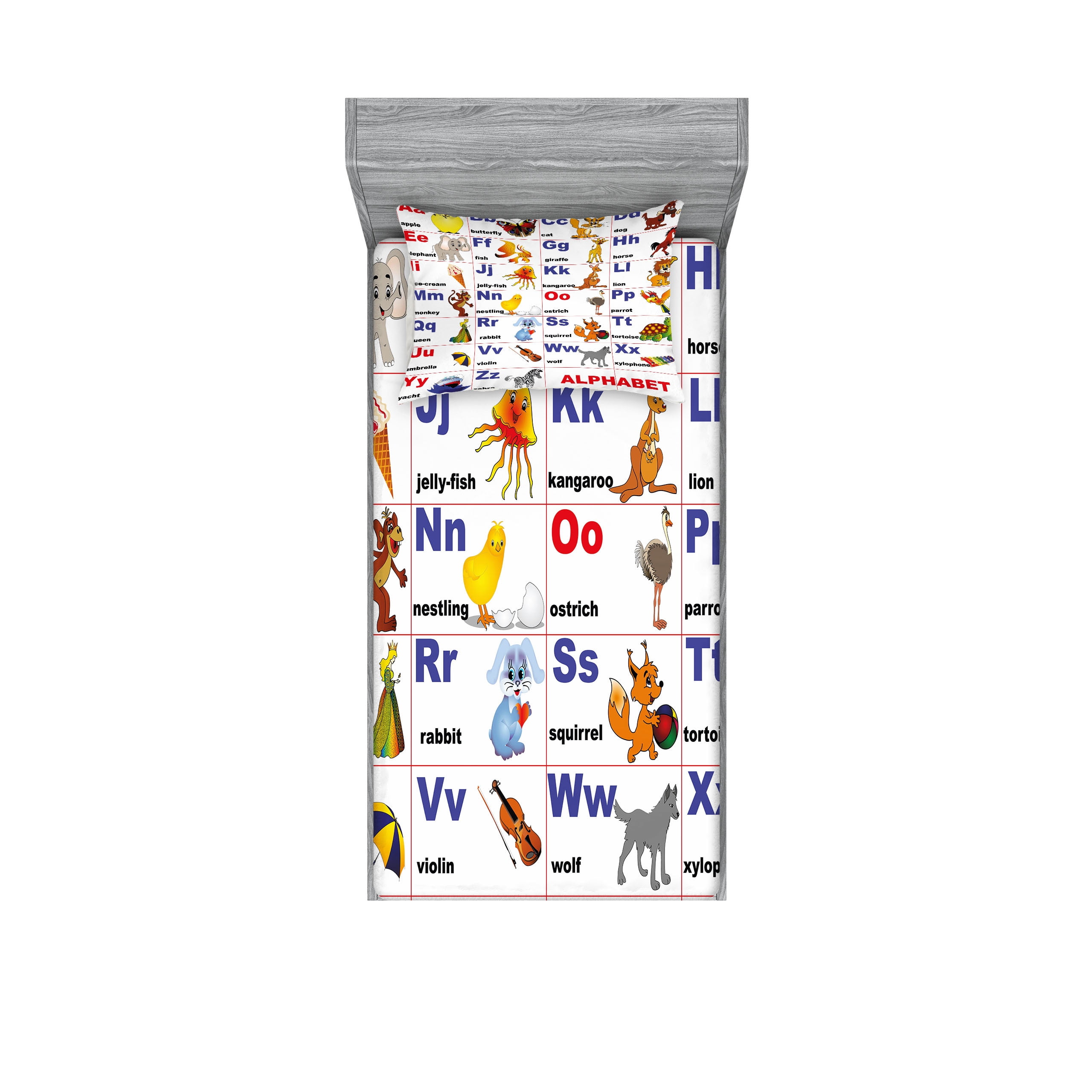 Cartoon Fitted Sheet & Pillow Sham Set, Animals Placed on Letter the ...
