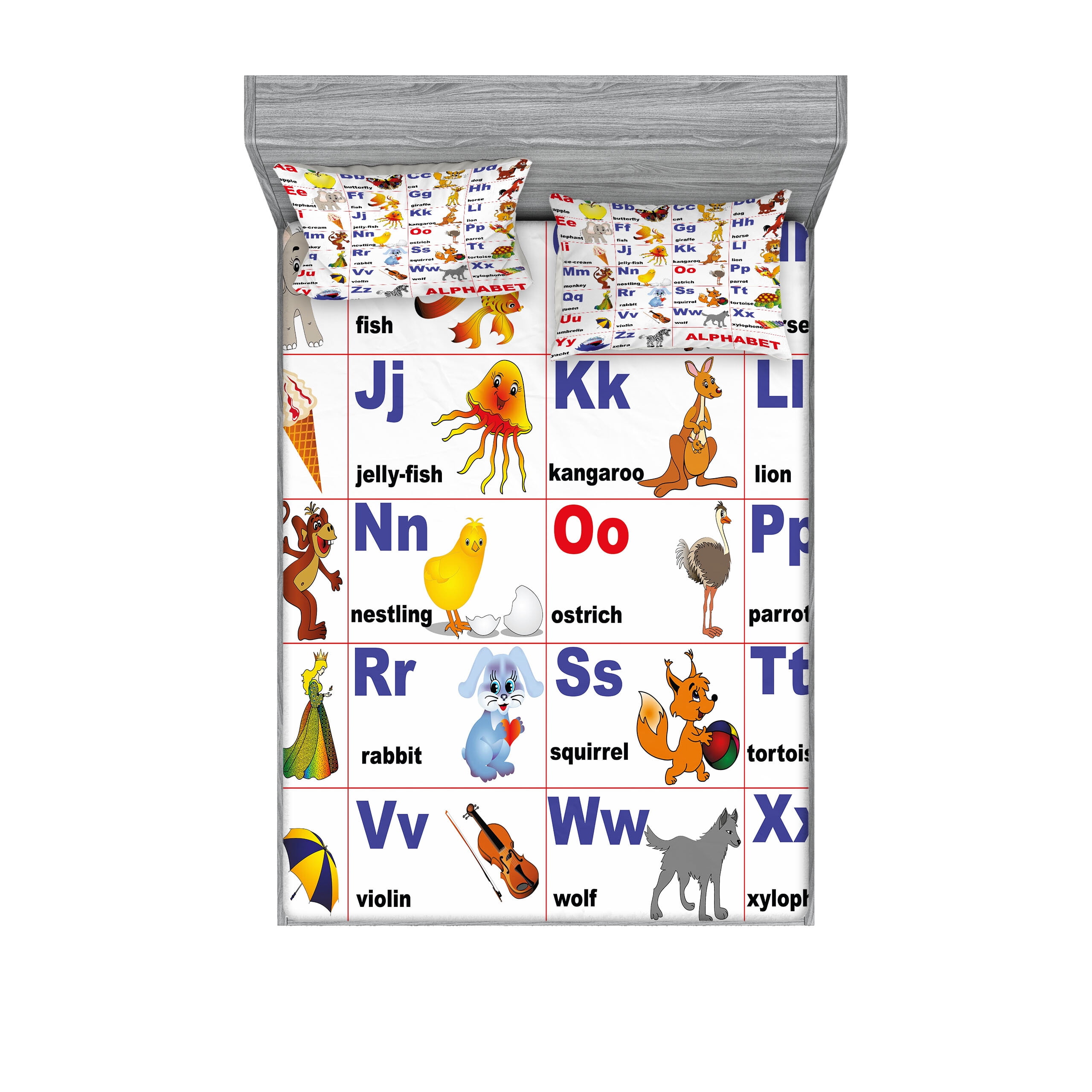 Cartoon Fitted Sheet & Pillow Sham Set, Animals Placed on Letter the ...