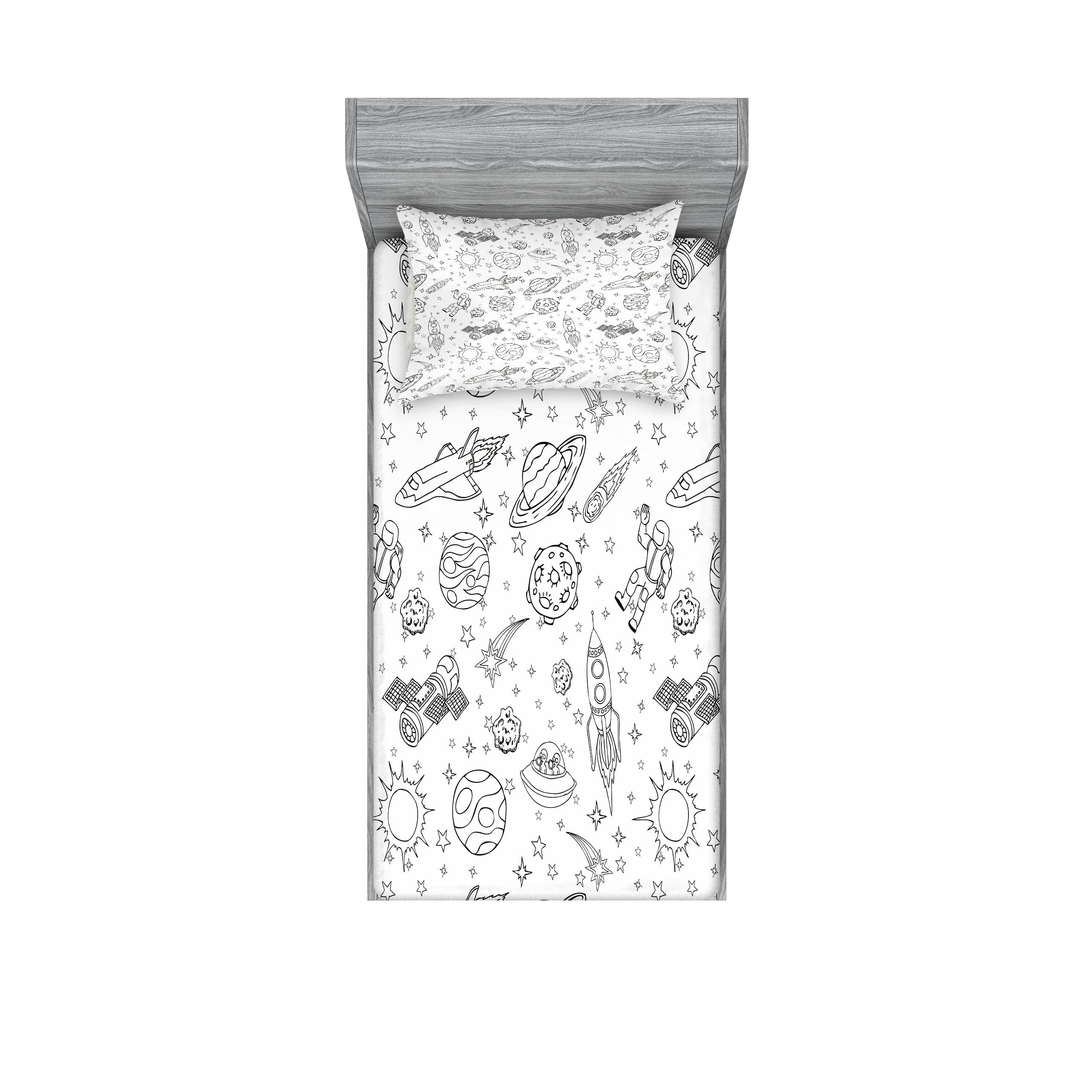 Cartoon Fitted Sheet & Pillow Sham Set, Doodle Solar System Astronauts ...