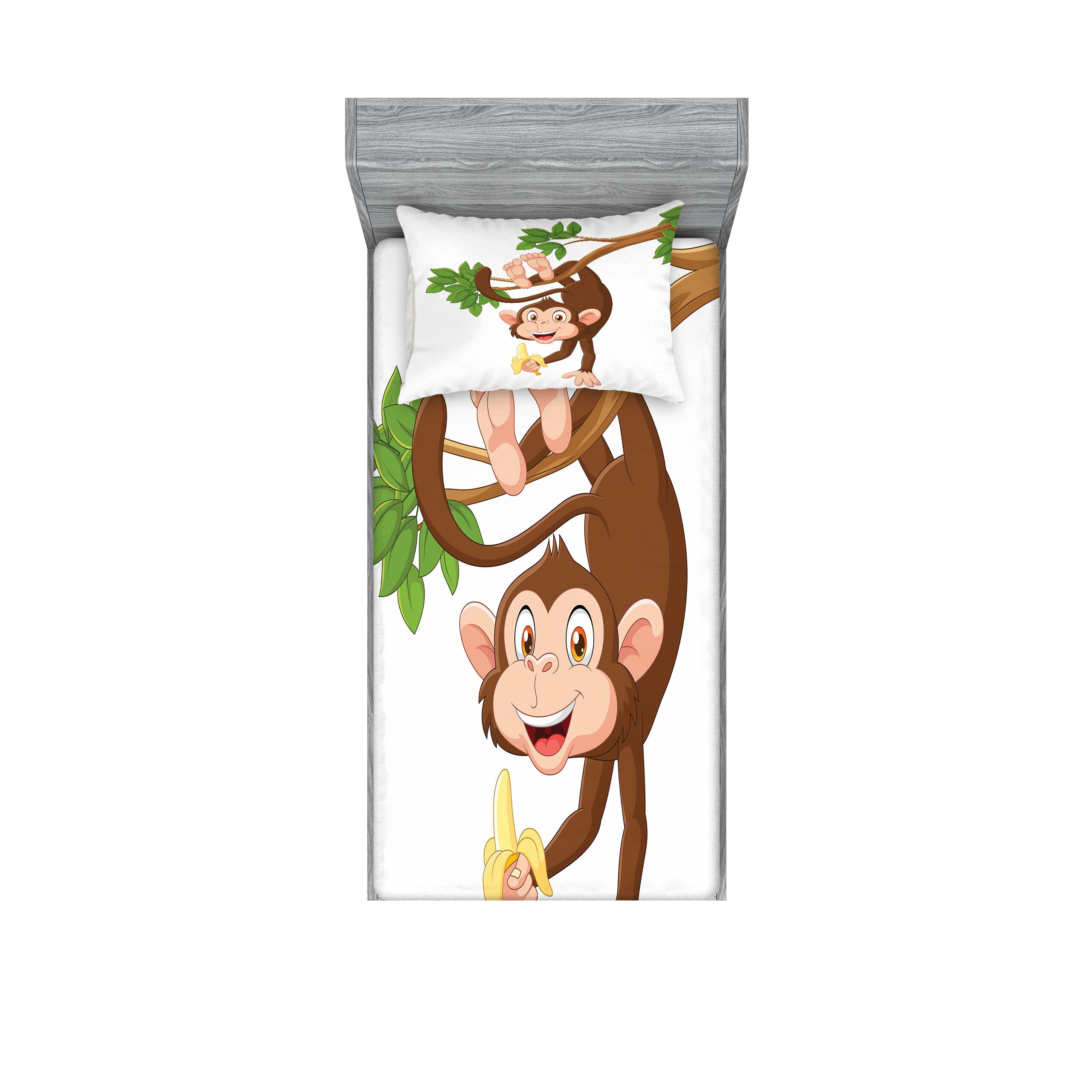 Cartoon Fitted Sheet & Pillow Sham Set, Funny Monkey Hanging from Tree ...