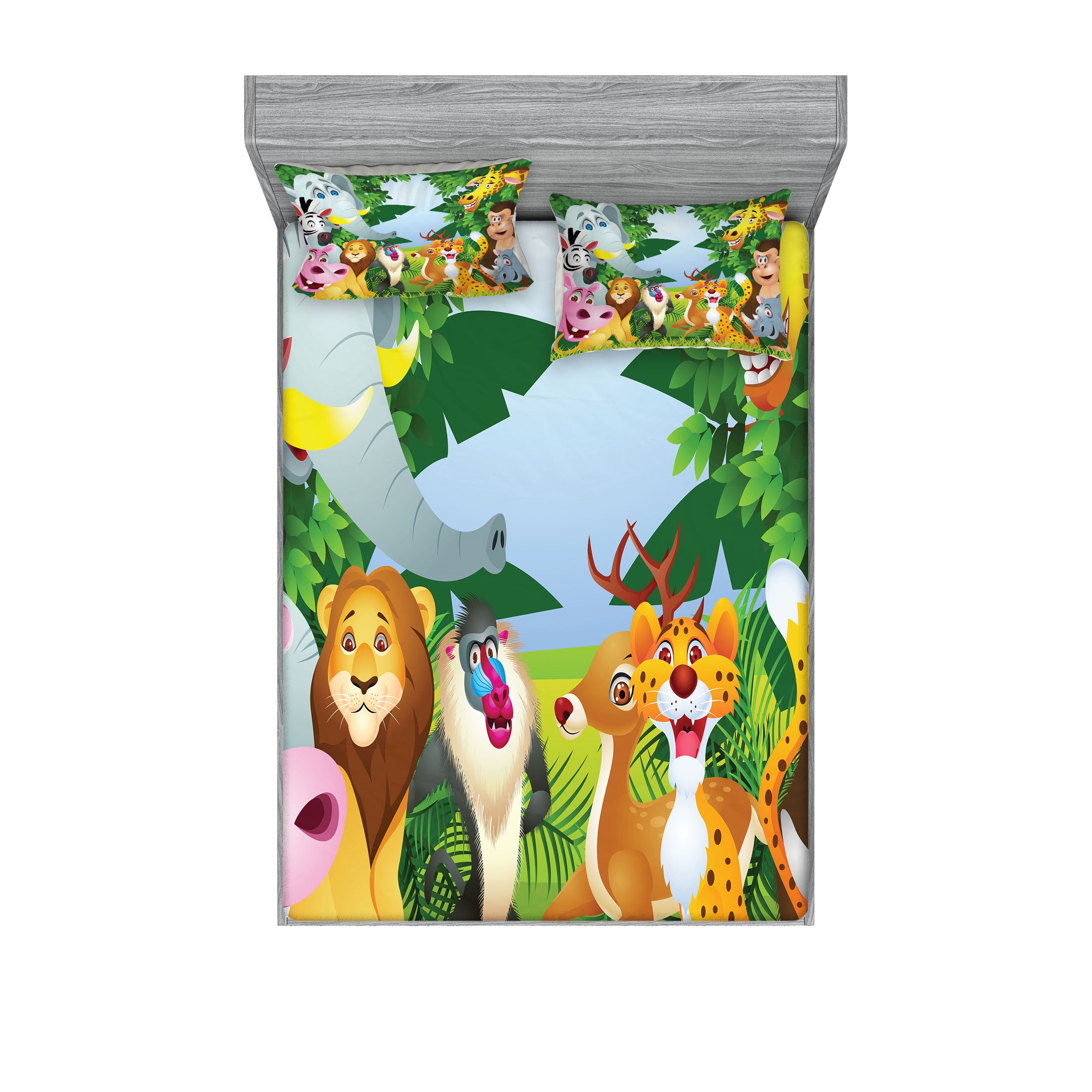 Cartoon Fitted Sheet & Pillow Sham Set, Group of Savannah Jungle ...