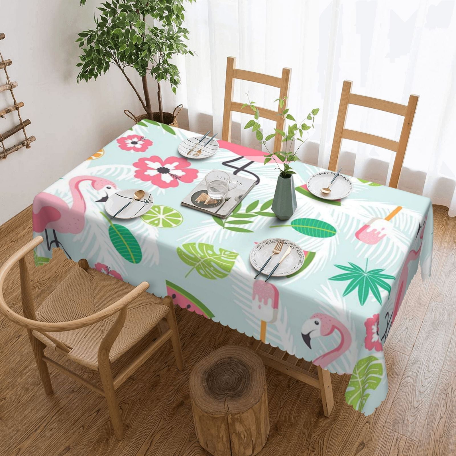 Cartoon-Flamingo-Backdrop-Printed-Green-Leaves Tablecloth, Water ...