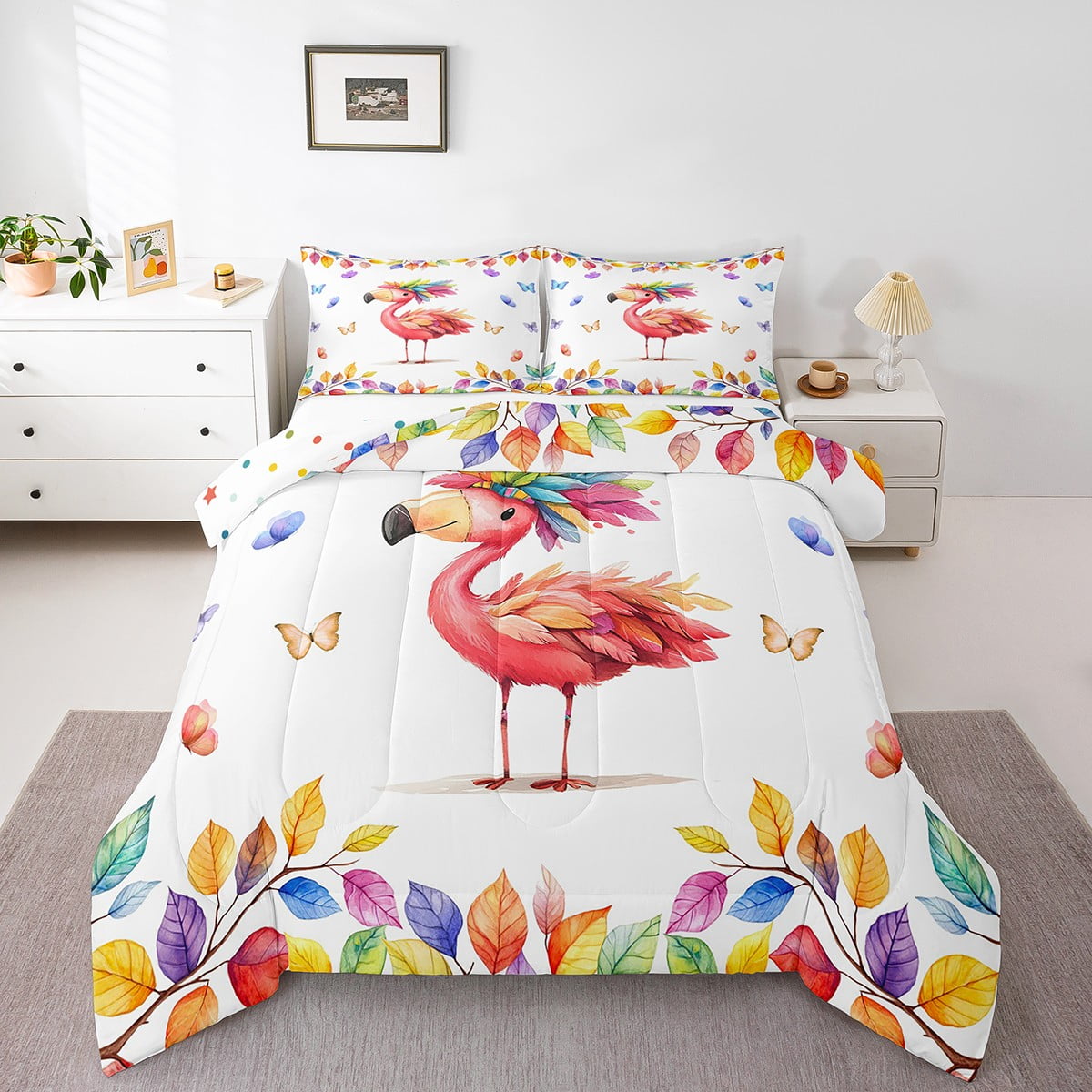 Cartoon Flamingo Bedding Queen Size Cute Animal Comforter Set, Kawaii ...