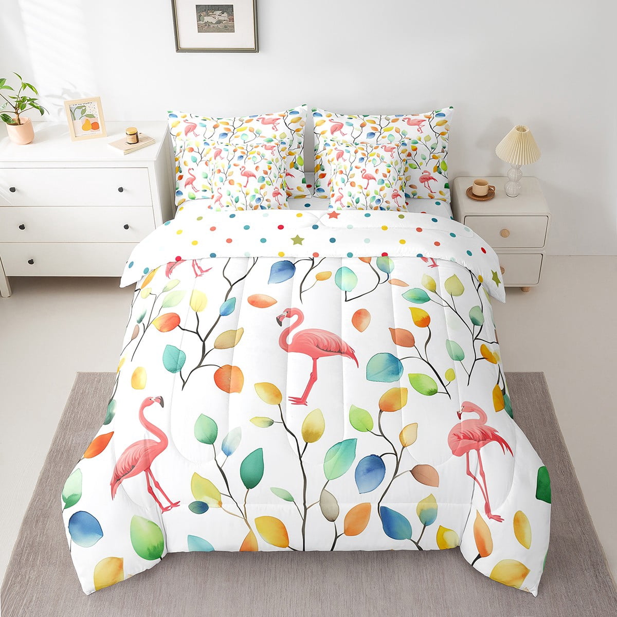 Cartoon Flamingo Bedding Twin Size 7 Pieces Watercolor Floral Comforter ...
