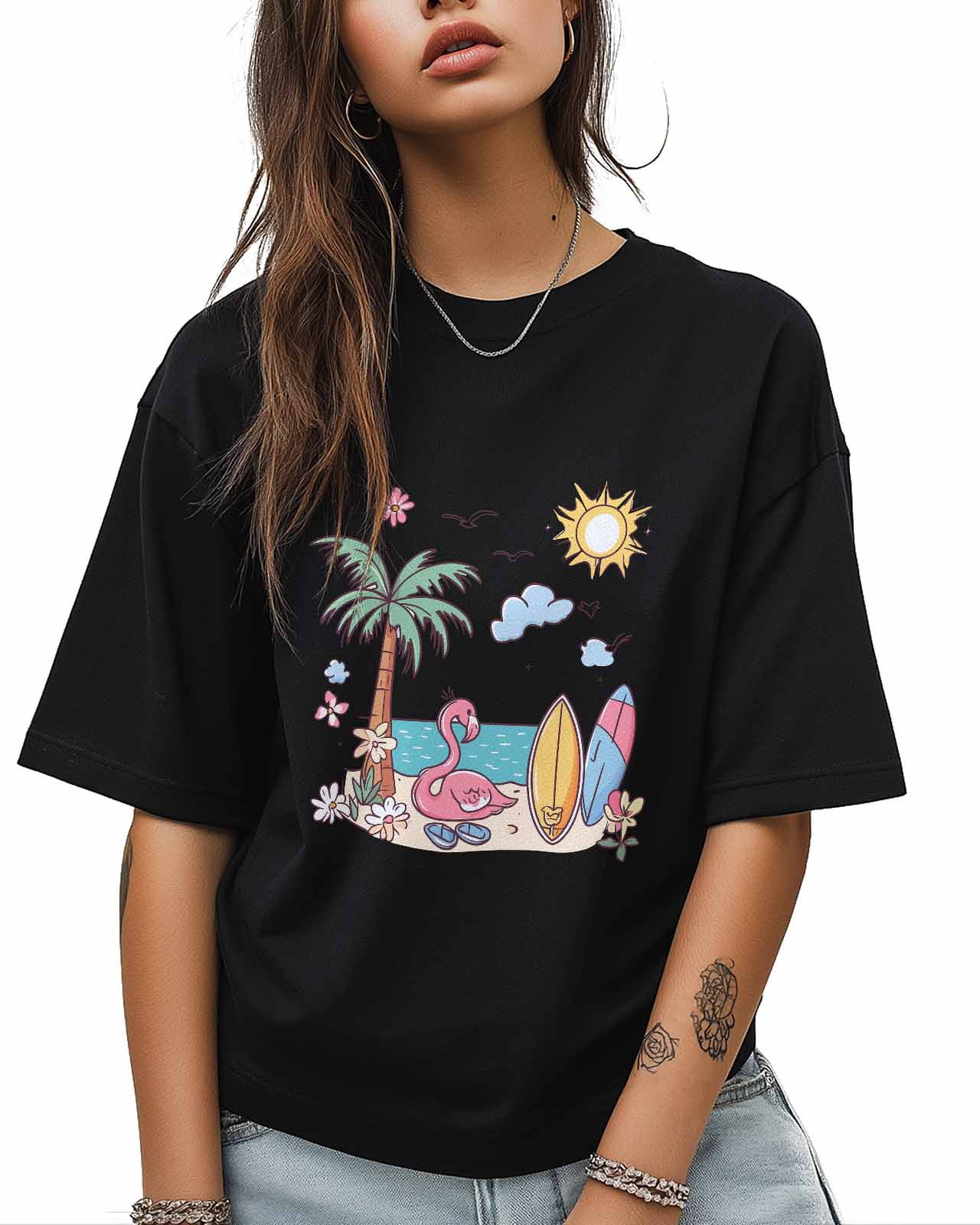 Cartoon Flamingo T Shirts for Women Short Sleeve Cotton Crewneck T ...