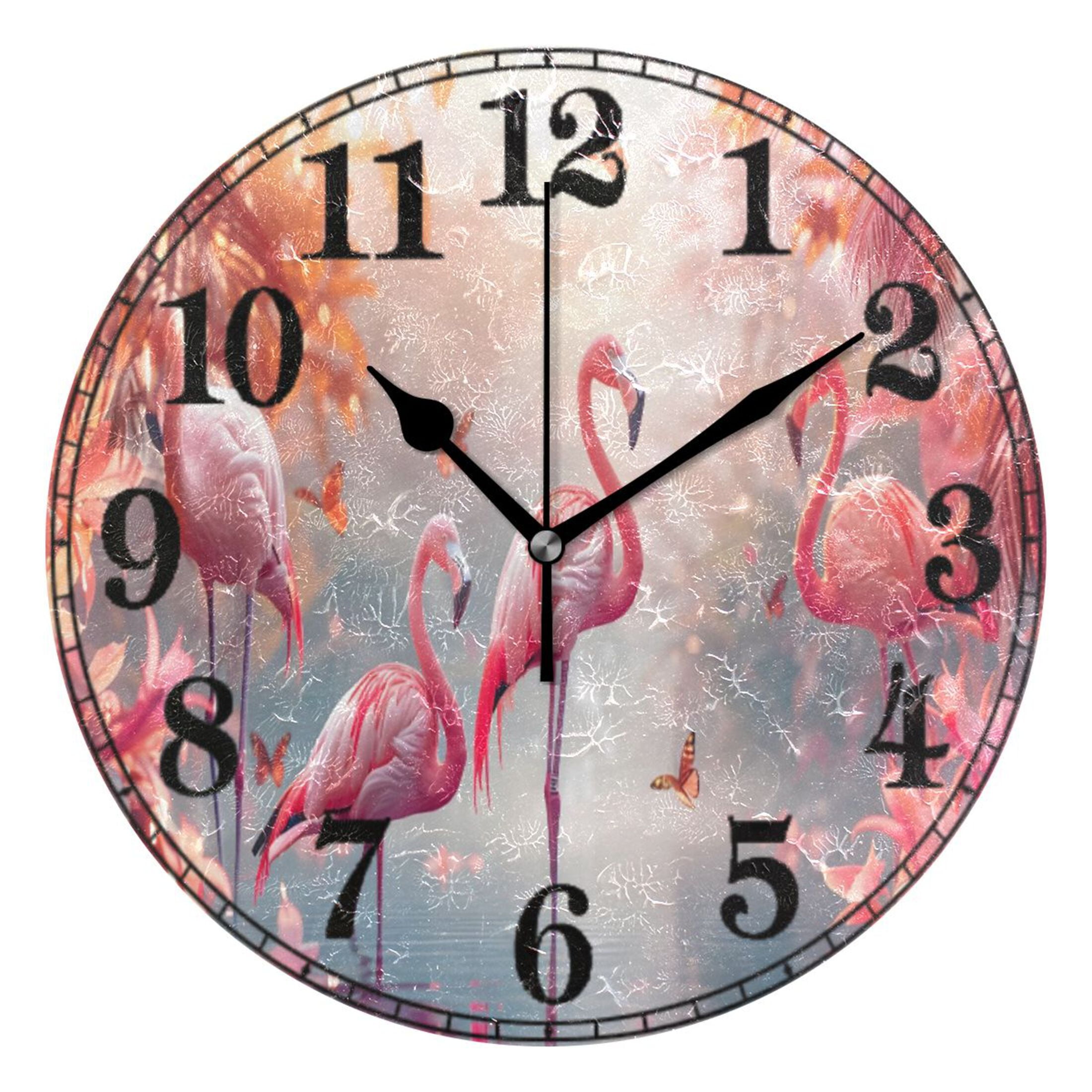 Cartoon Flamingos Tropical Trees Silent Wall Clock 10" Non-Ticking ...