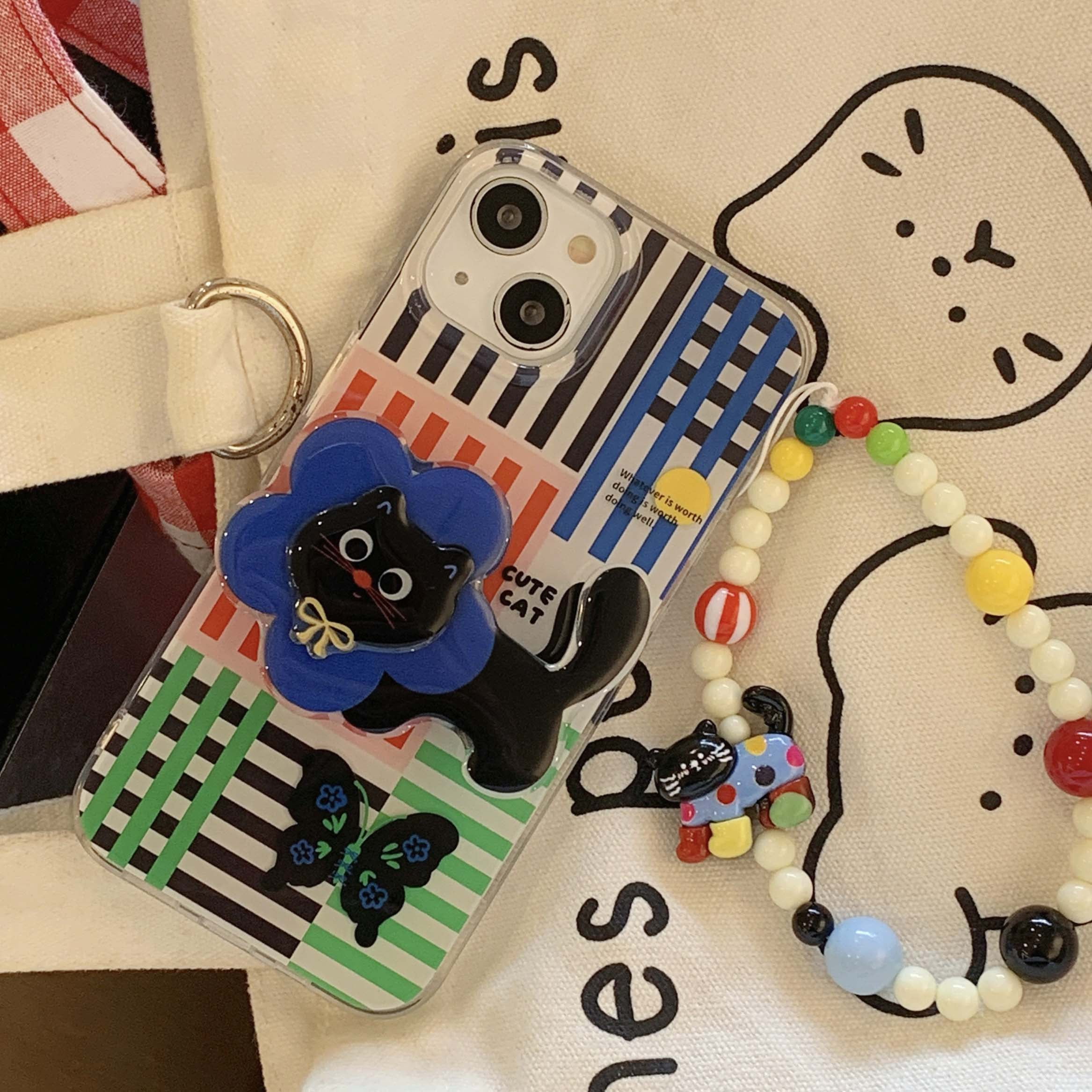 Cartoon Flower Black Cat Stand Holder Cover For Iphone 15 14 13 15Pro ...